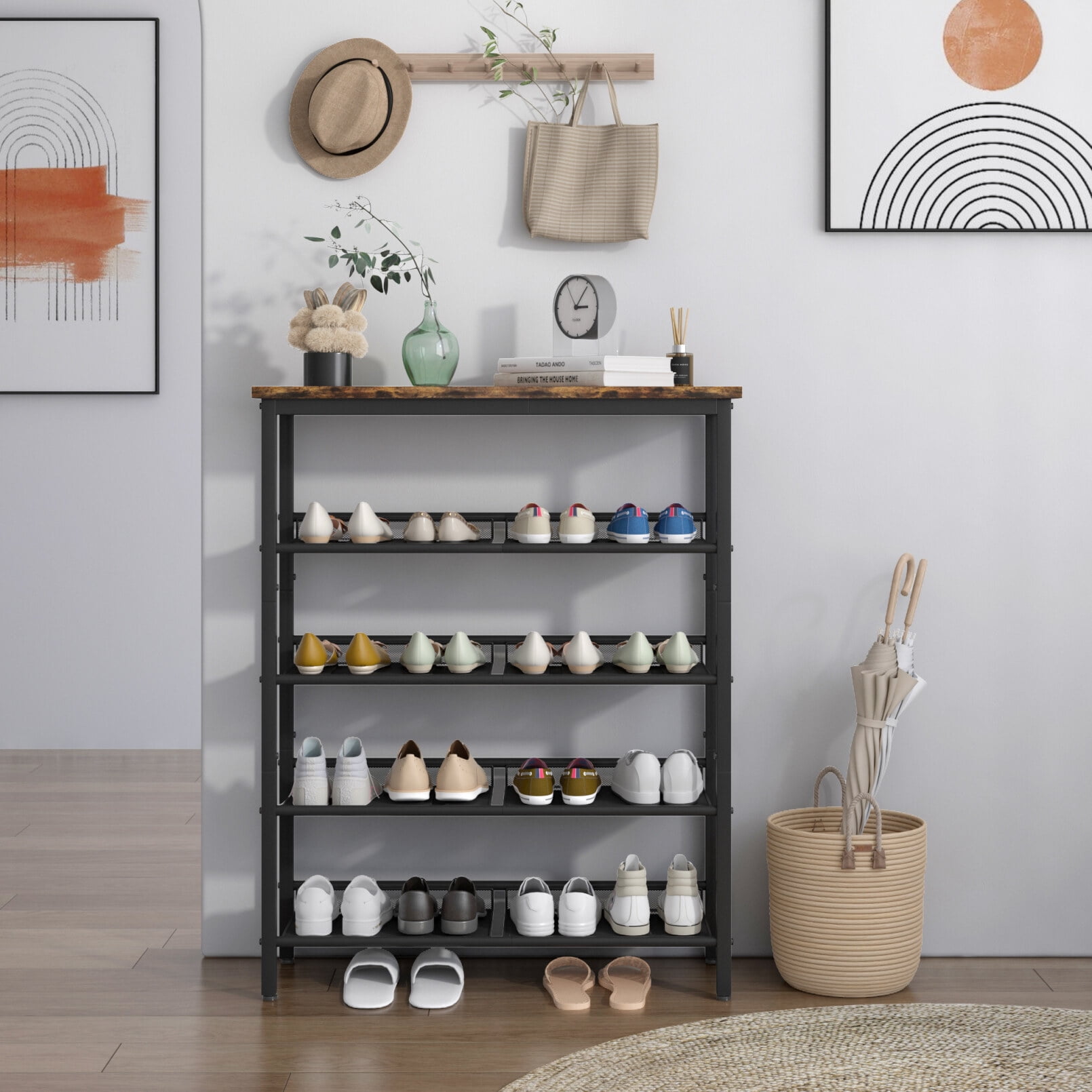 Shoe Rack for Entryway, 5 Tier Shoe Storage Rack with 4 Mesh Shelves ...