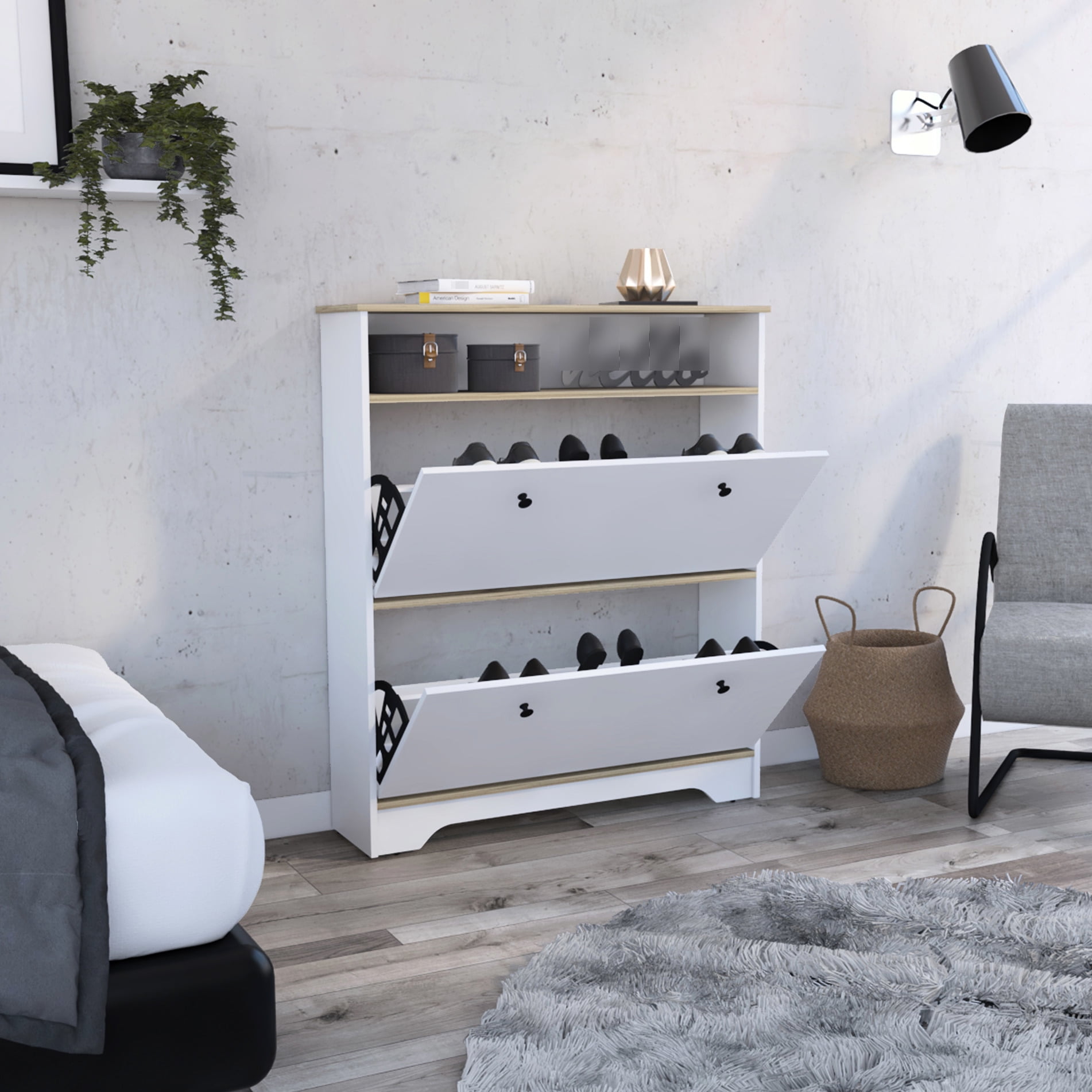 Shoe Rack : Oak/white, One Open Shelf And Two Extendable Cabinets ...