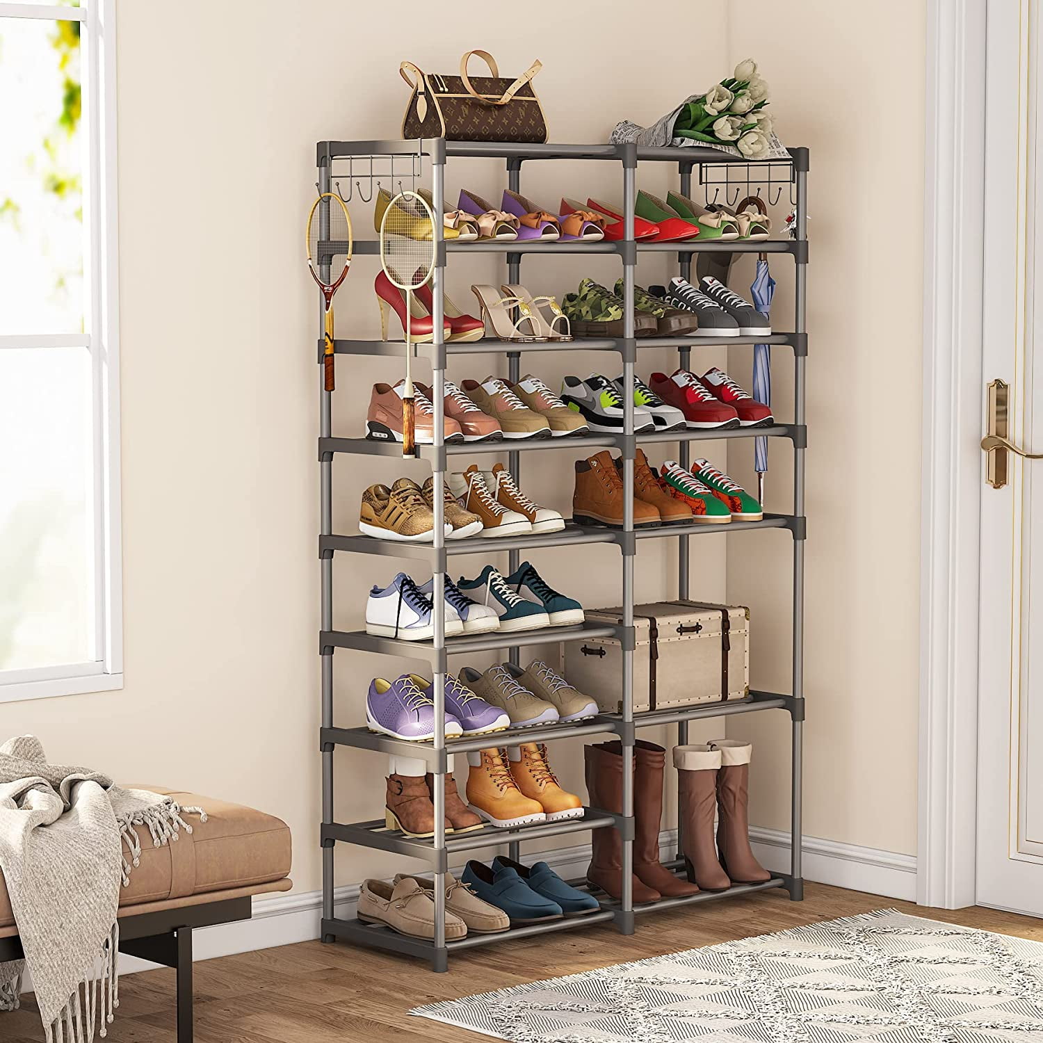 Shoe Rack Organizer, 32-40 Pairs Stackable Storage Shelf, 9 Tiers Stand ...