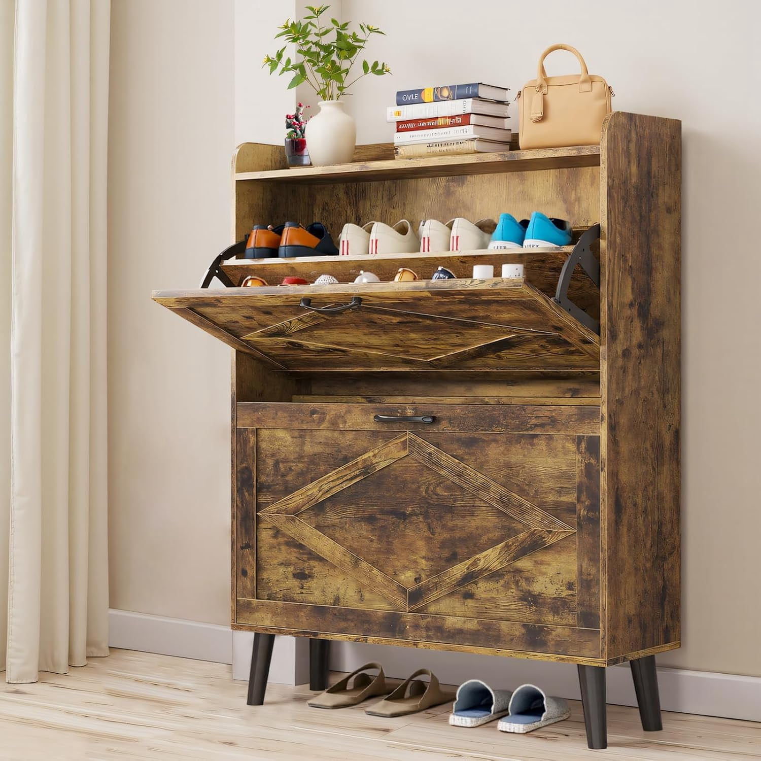 Shoe Rack Organizer Entryway, Shoe Storage Cabinet with Flip Drawers ...