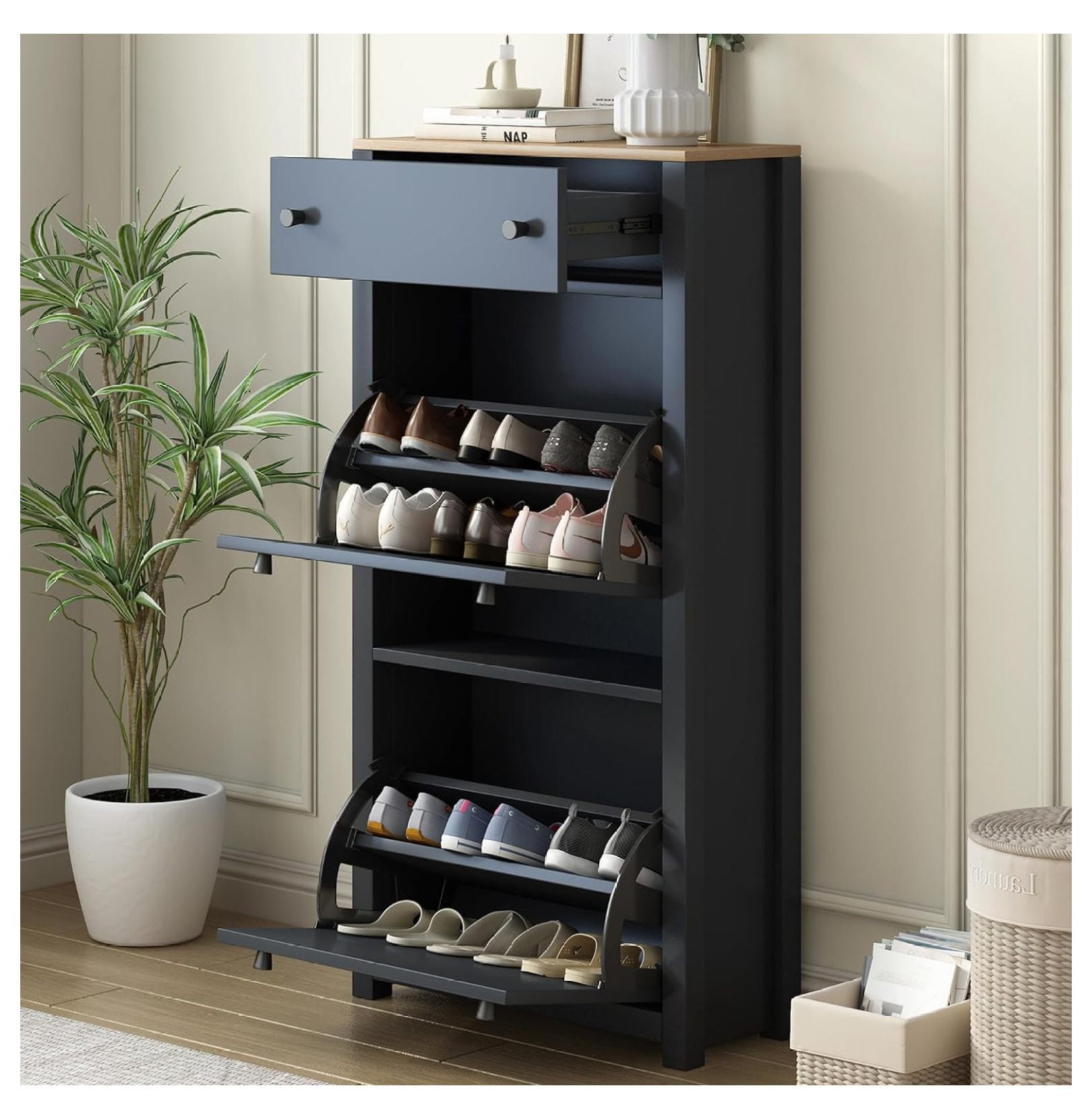 Shoe Rack Organizer, Slim Narrow Shoe Cabinet with 2 Drawers, Shoe ...