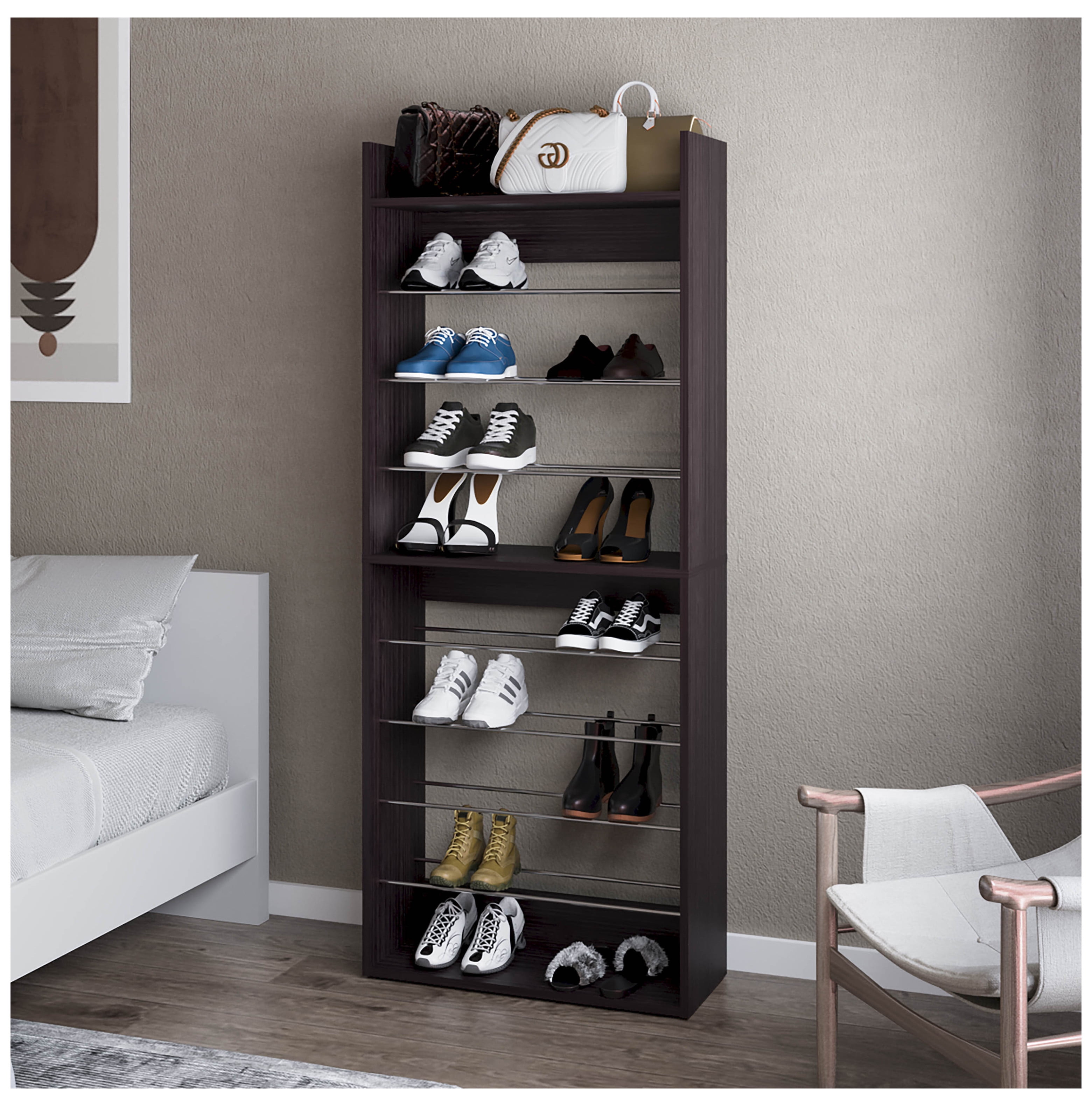 Shoe Rack, Tall Open Shoe Organizer with Metal Rails - Wengue - 61"H x 24.8"W x 9.8"D - Space ...