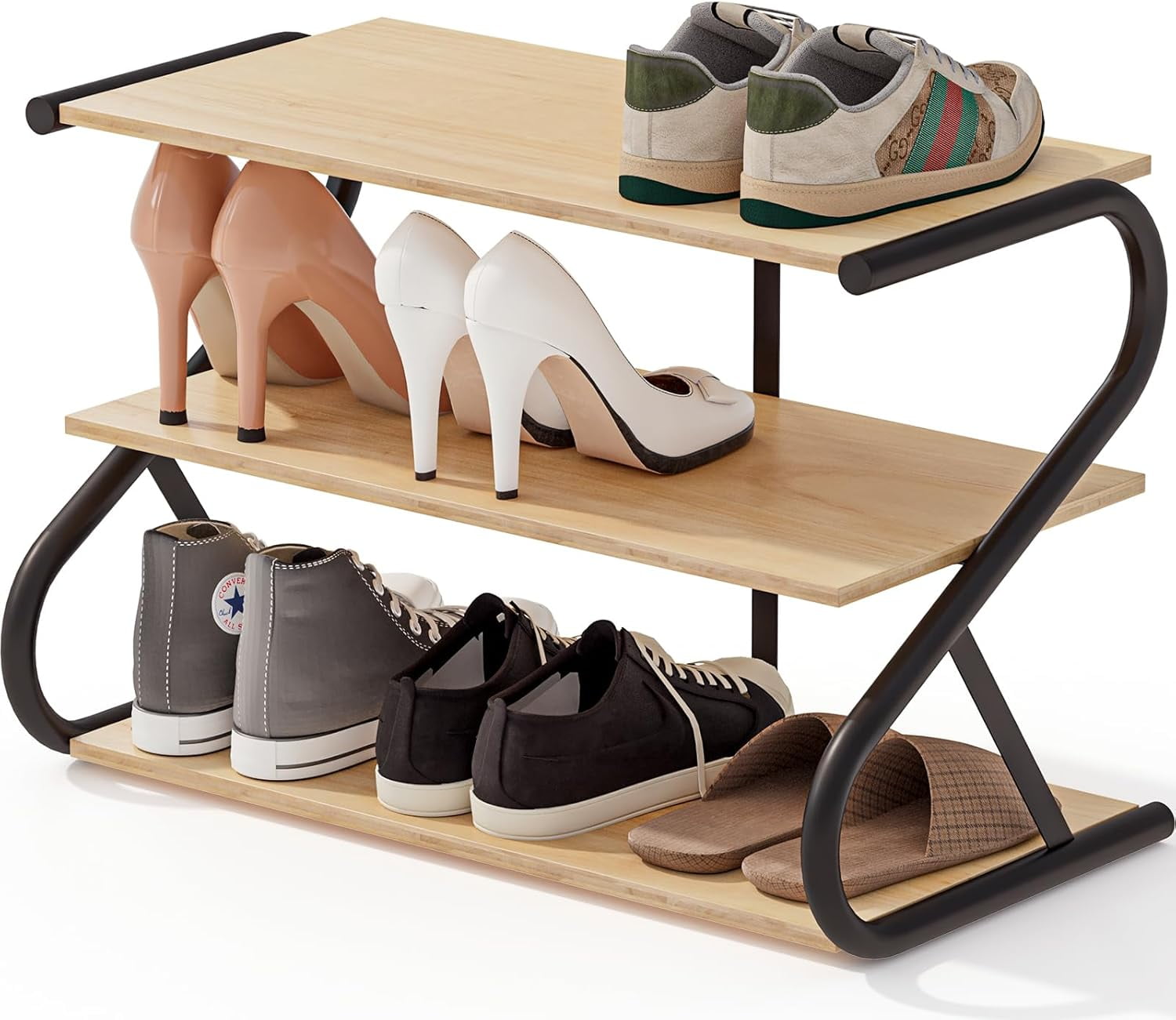 Shoe Rack, Z-Frame Wooden 3-Tier Shelf with Durable Metal Shelves, Shoe ...
