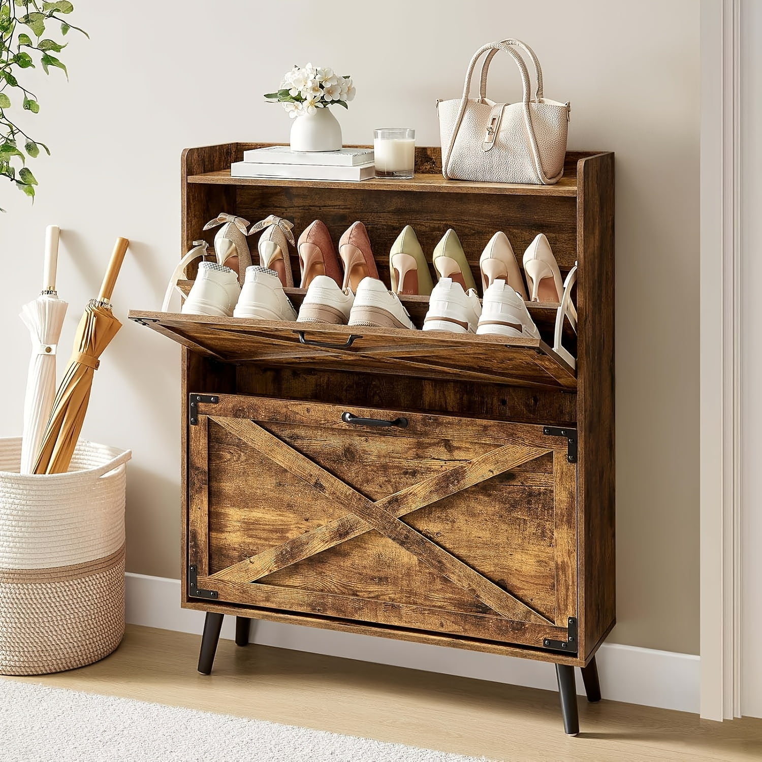 Shoe Racks: Shoe Storage Organizer with 2 Flip Drawers, Compact Cabinet ...