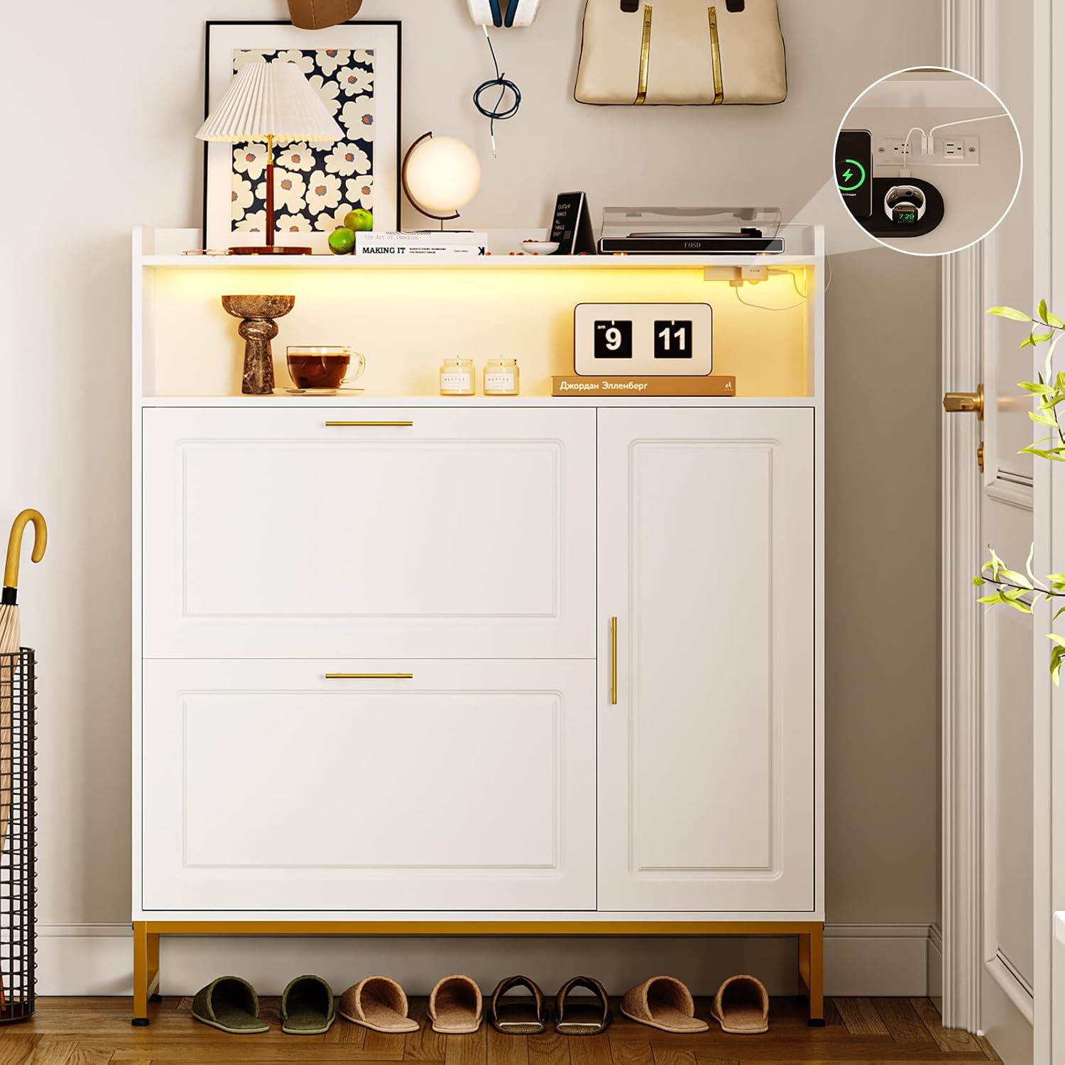 Shoe Storage with 2 Flip Drawers & Adjustable Side Cabinet Entryway ...