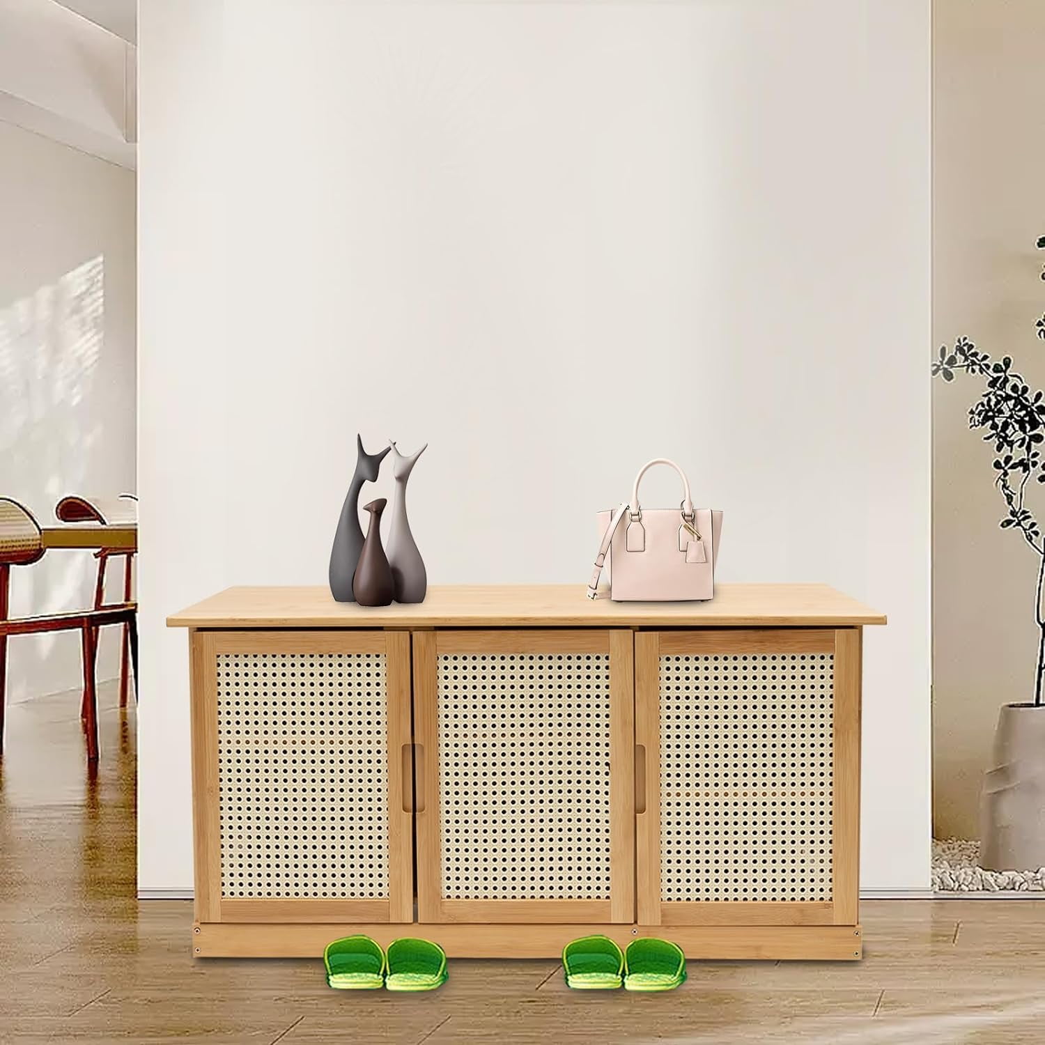 Shoe Storage Bamboo Entryway Shoe with Plastic Rattan Doors Shoe ...