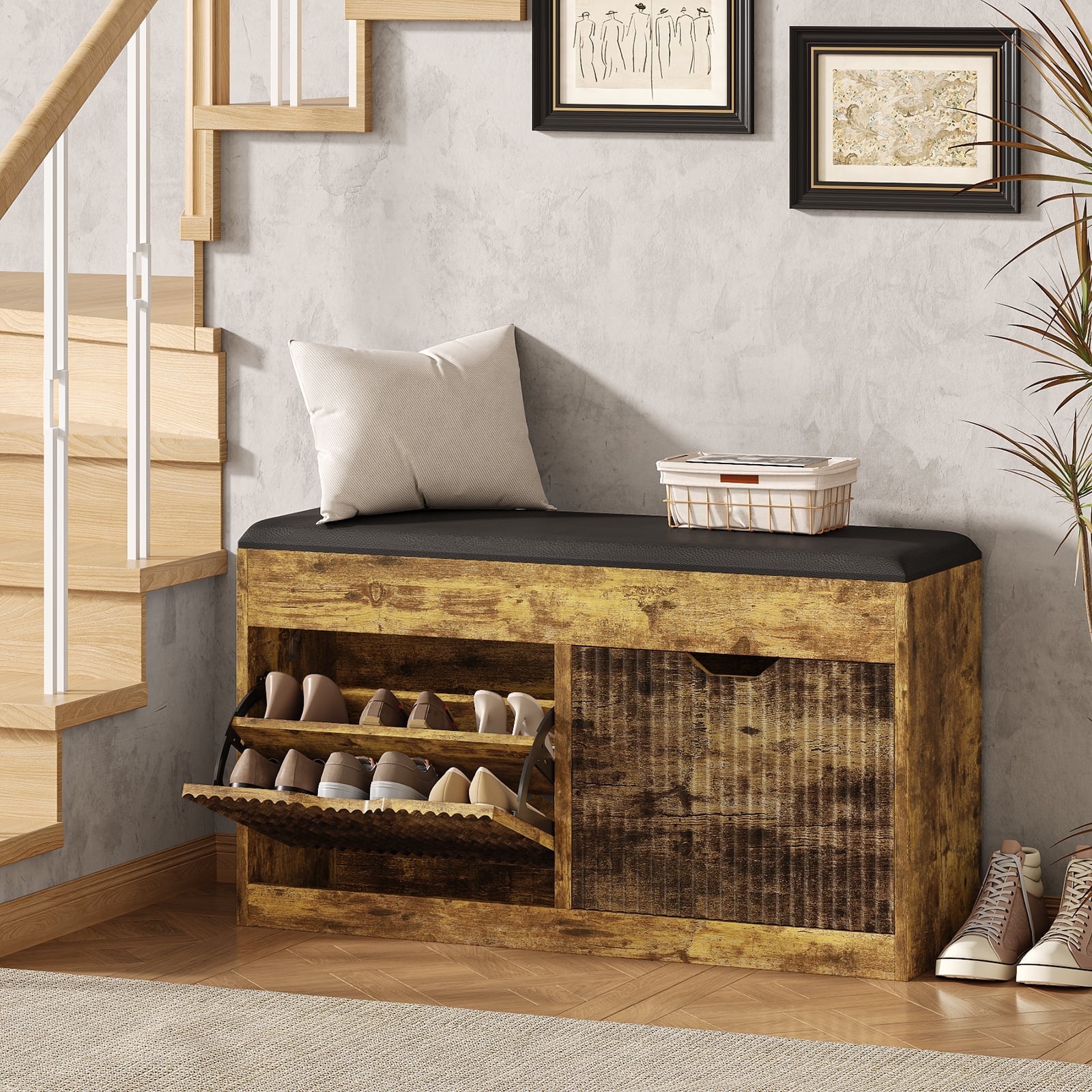 Tarnorci Shoe Storage Bench 2 Flip Drawers & Padded Seat Cushion Shoe ...