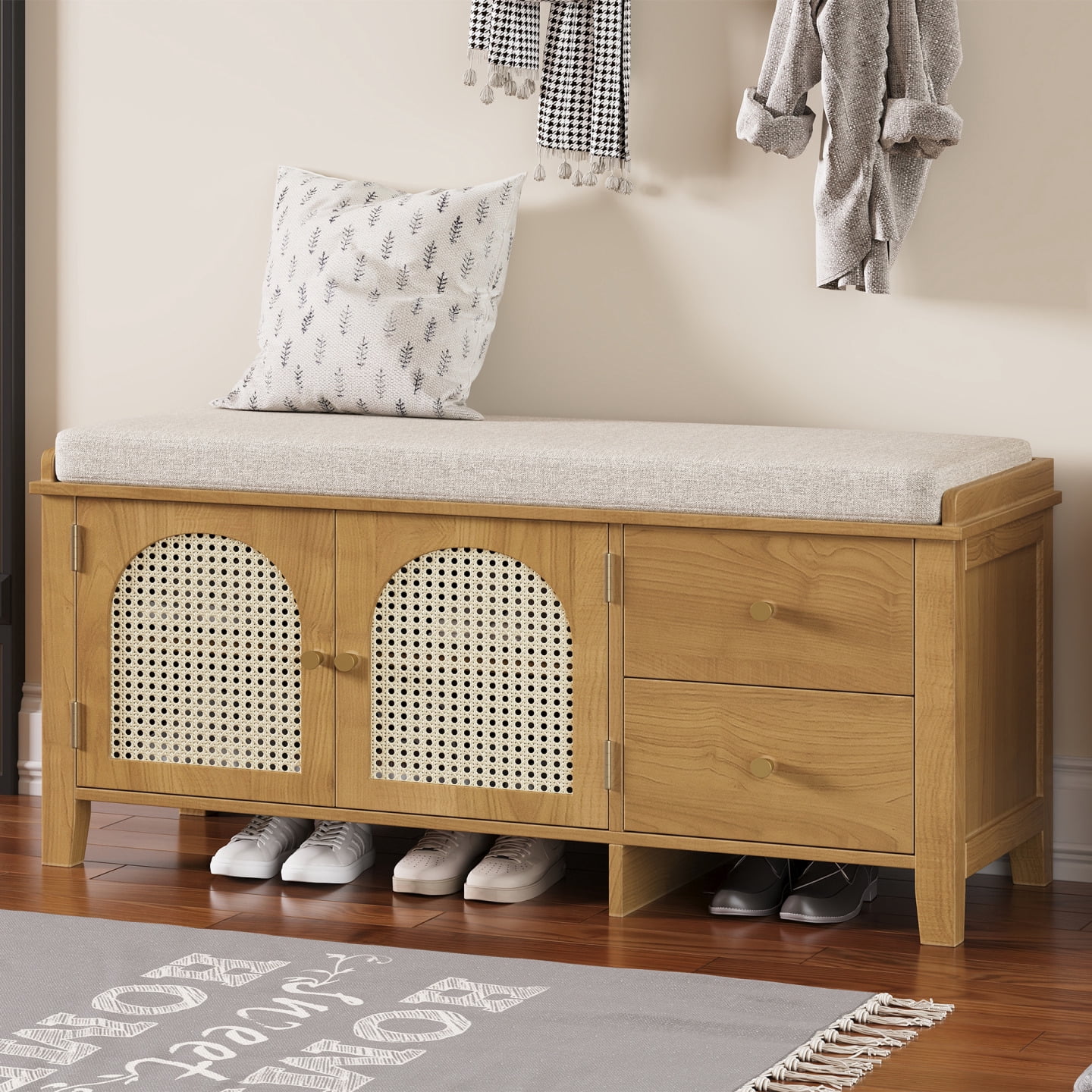 Shoe Storage Bench, 2 Tier Entryway Bench with Cushion, 2 Drawers and ...