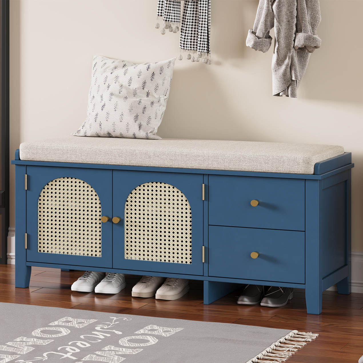 Shoe Storage Bench, 2 Tier Entryway Bench with Cushion, 2 Drawers and ...