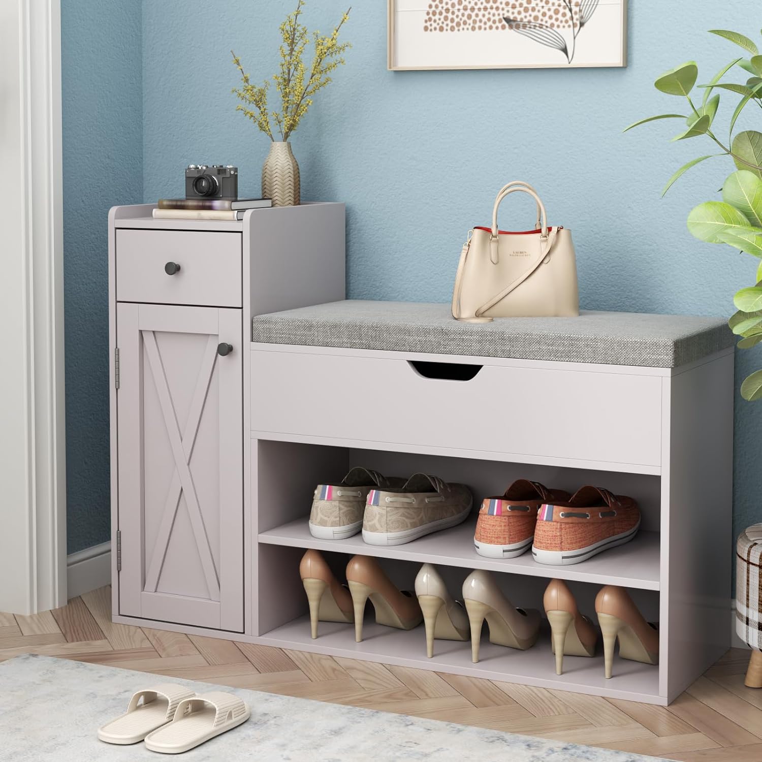 Shoe Storage Bench, 2-Tier Farmhouse Entryway Bench with Lift Top ...