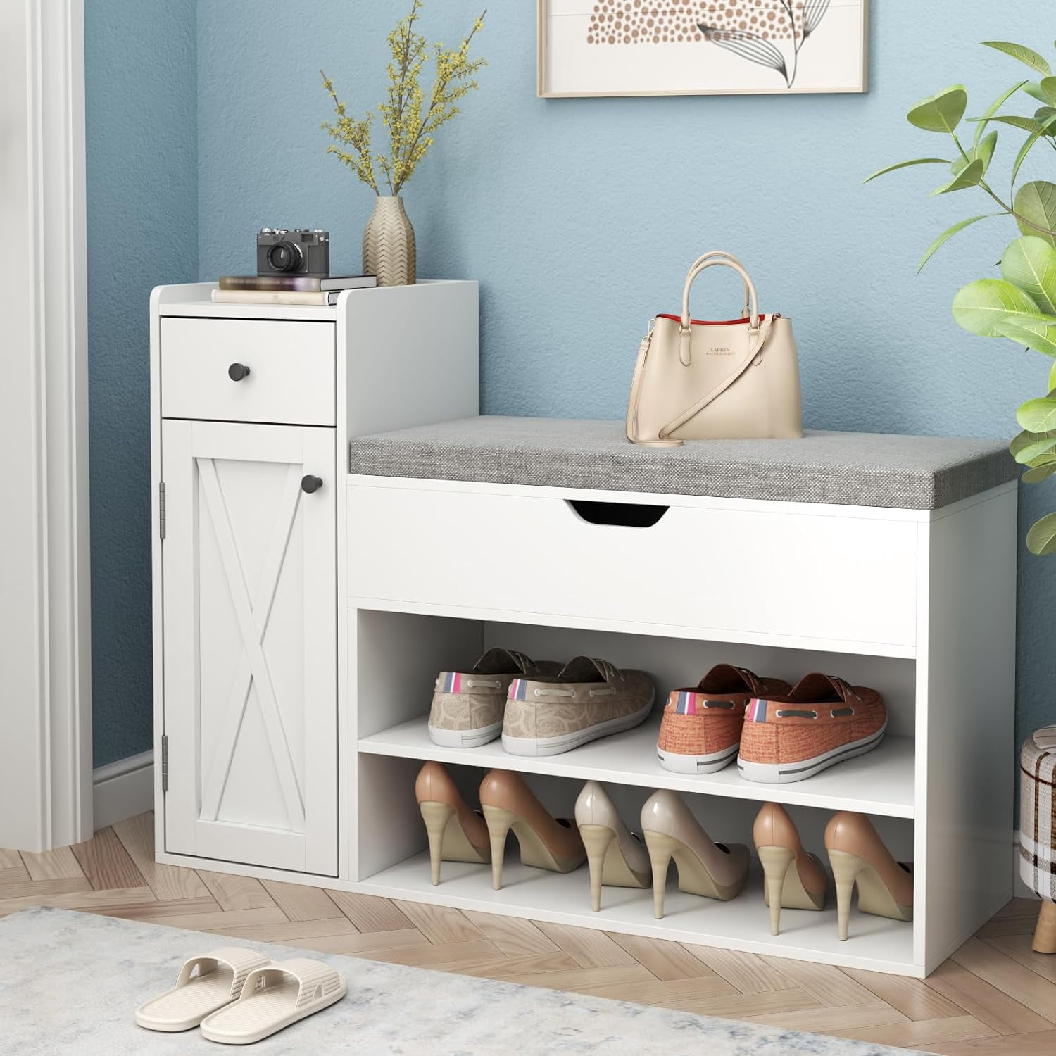 Shoe Storage Bench, 2-Tier Farmhouse Entryway Bench with Lift Top ...