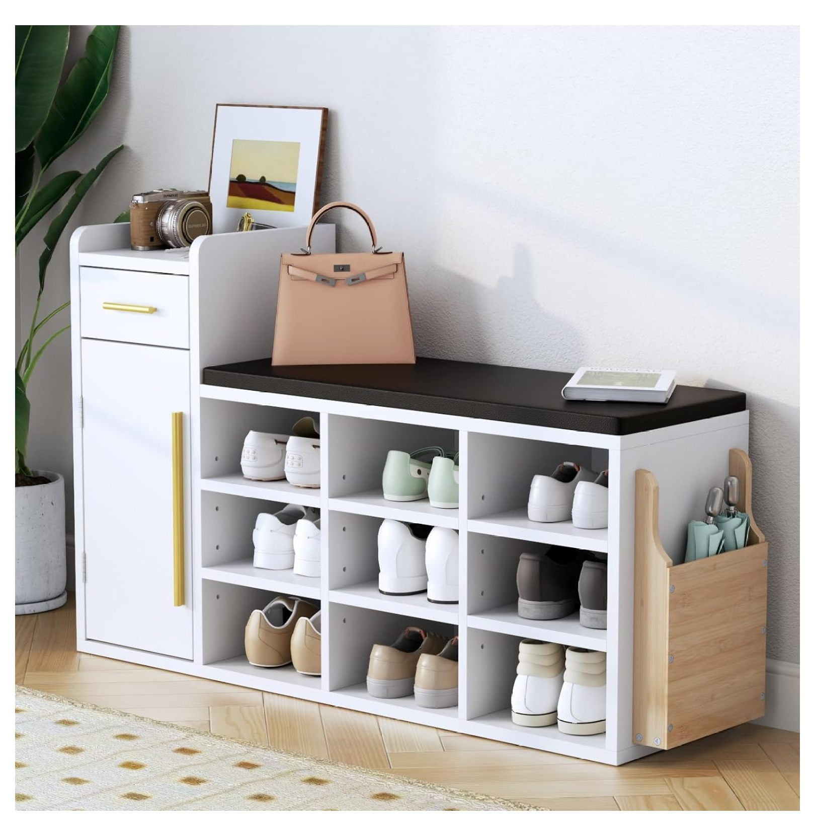 Shoe Storage Bench, 9 Cubbies Entryway Bench with Cushion & Drawer, 3 ...