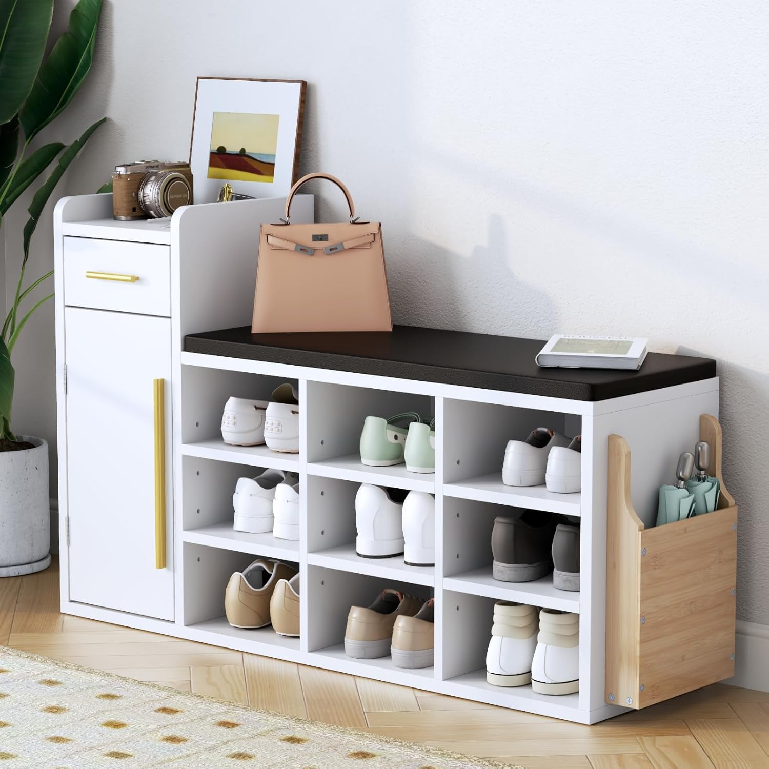 Shoe Storage Bench, 9 Cubbies Entryway Bench with Cushion & Drawer, 3 ...