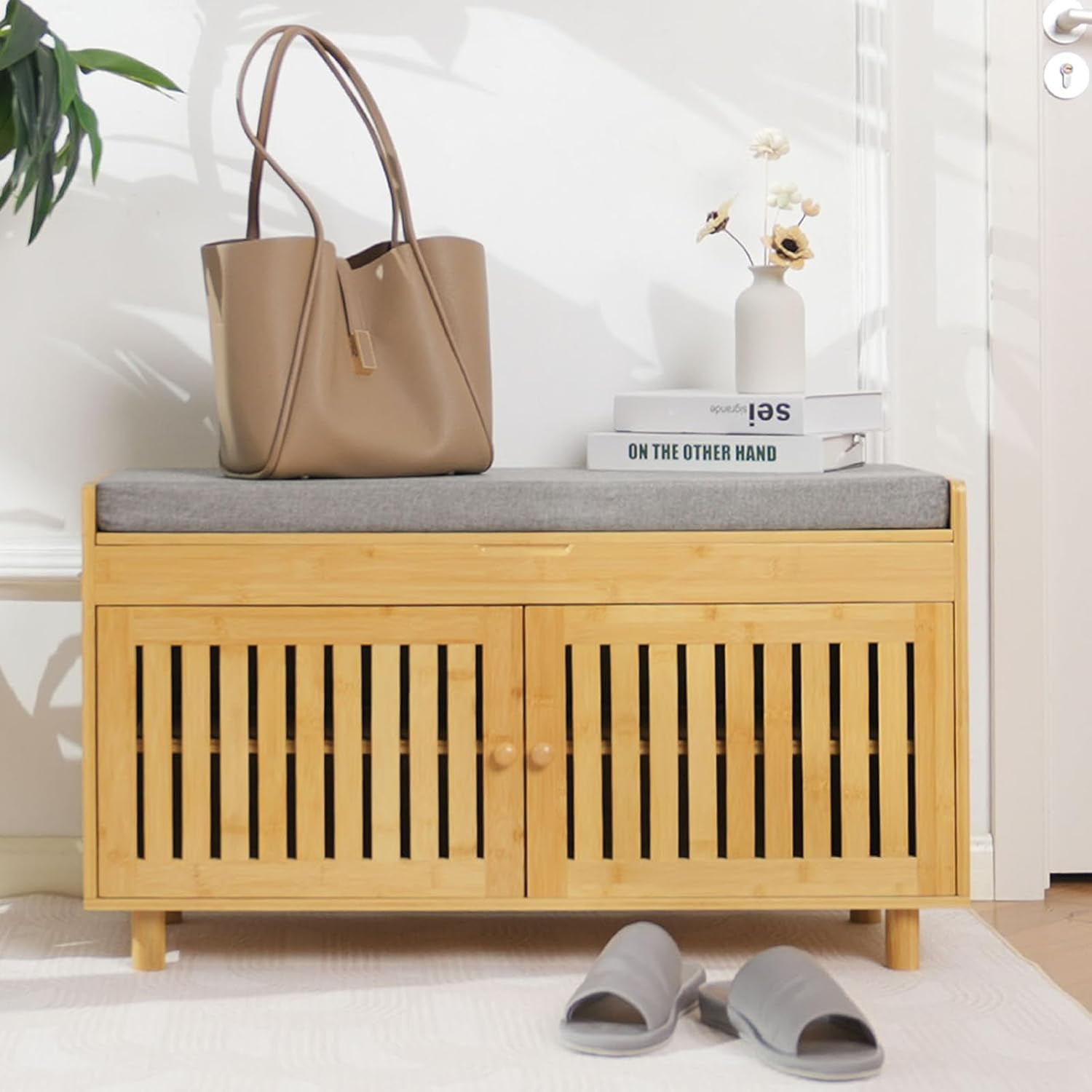 Shoe Storage Bench, Bamboo Entryway Bench with 2 Doors & Padded Seat ...