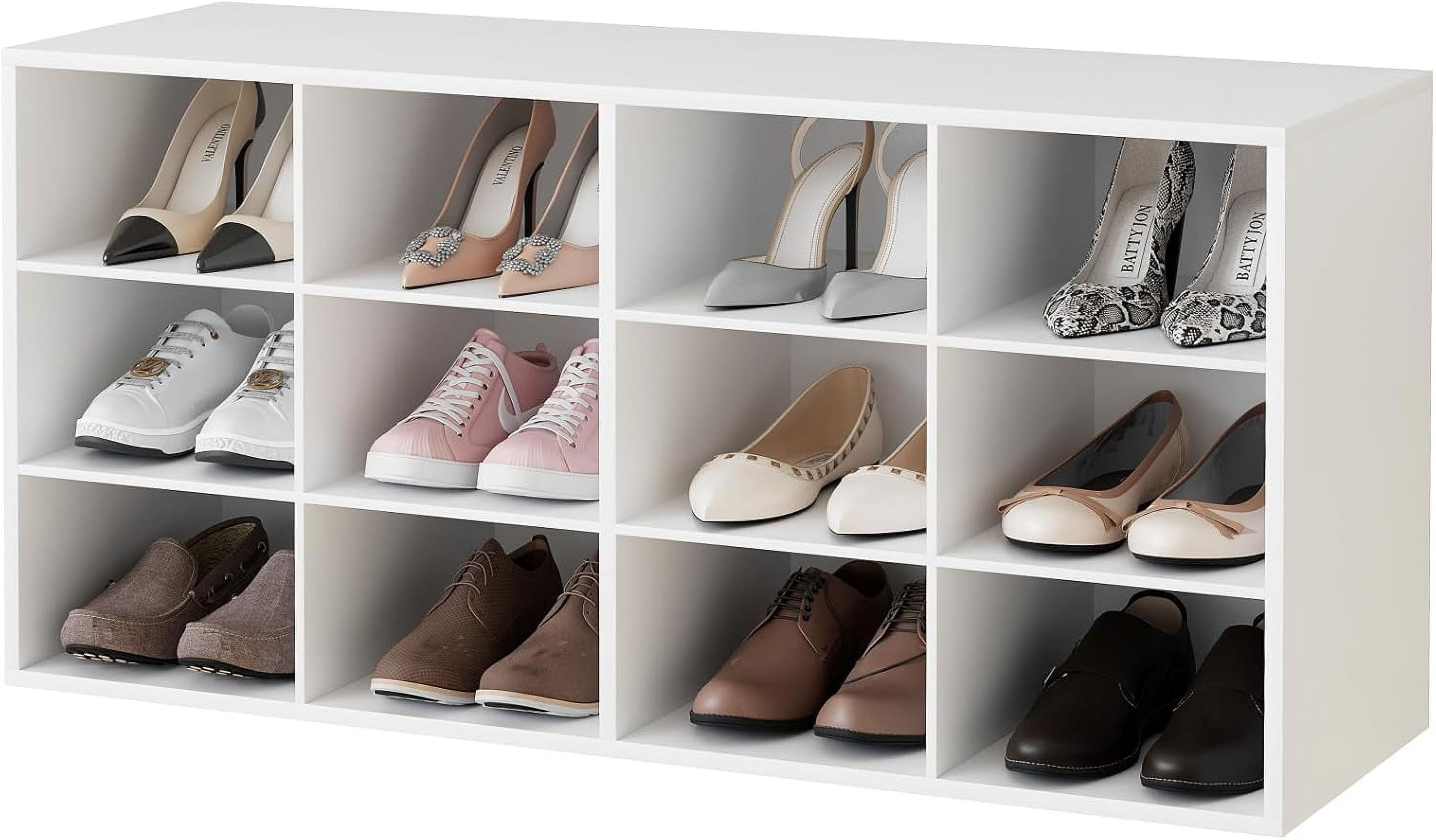 Shoe Storage Bench, Cubby Shoe Rack with 12 Cubbies, 3-Tier Wood Shoe ...