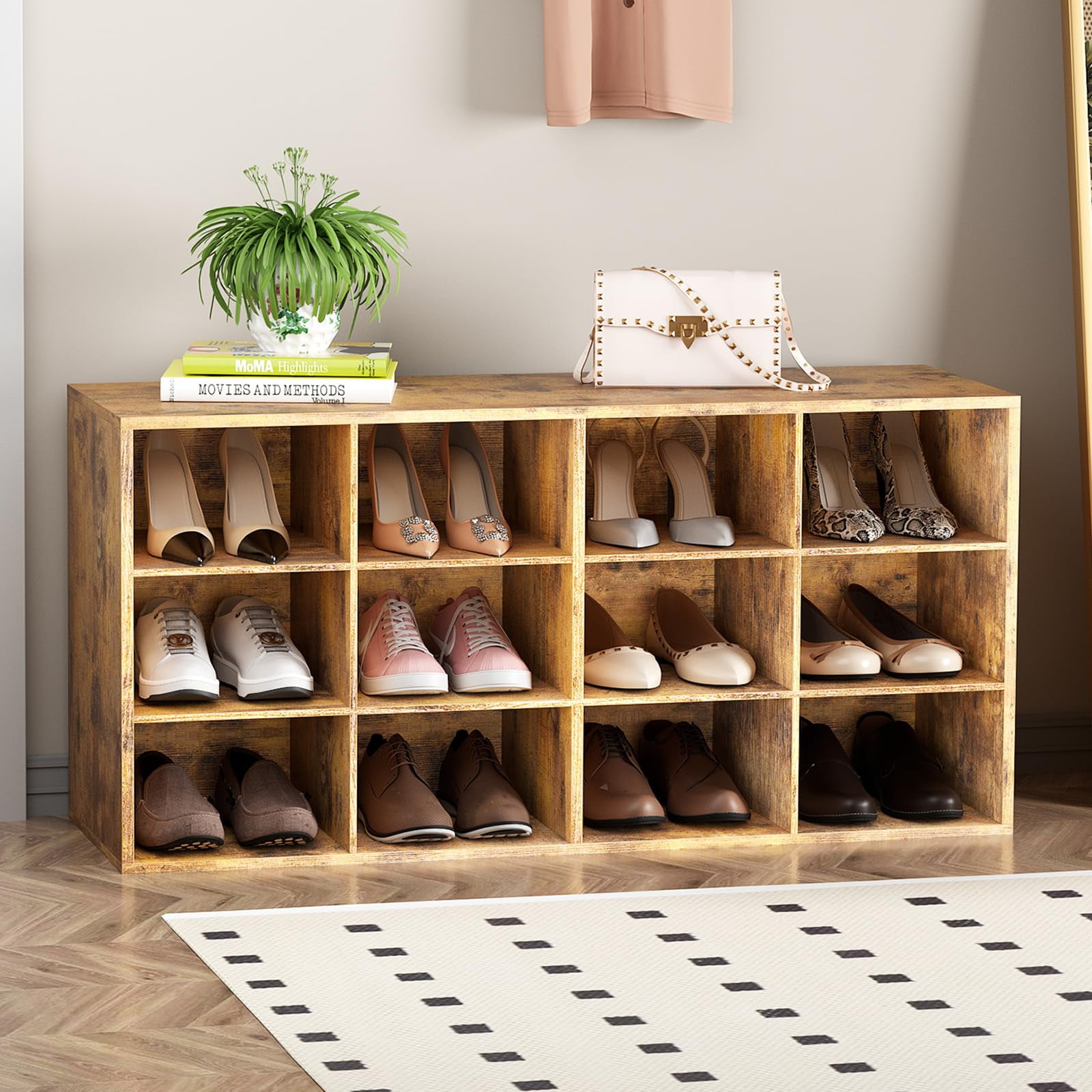 Shoe Storage Bench, Cubby Shoe Rack with 12 Cubbies, 3-Tier Wood Shoe ...