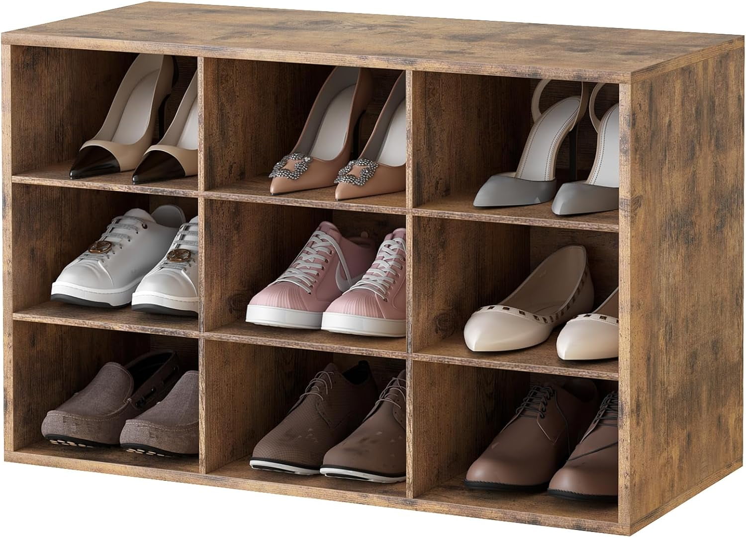 Shoe Storage Bench, Cubby Shoe Rack with 9 Cubbies, 3-Tier Wood Shoe ...