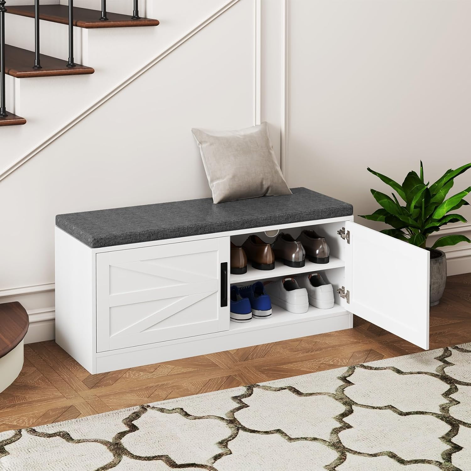 Shoe Storage Bench with Cushion, 2-Tier Entryway Bench w/2 Barn Doors ...