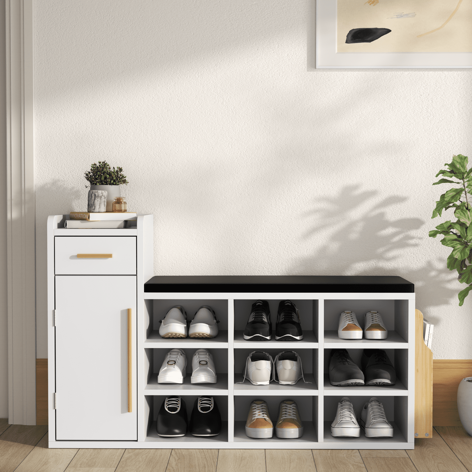 Shoe Storage Bench with Cushion, Shoe Bench with 9 Cubbies, Drawer ...