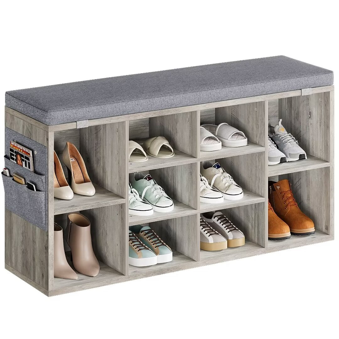 Shoe Storage Bench with Cushion, Adjustable 10-Cubby Rack for Entryway ...