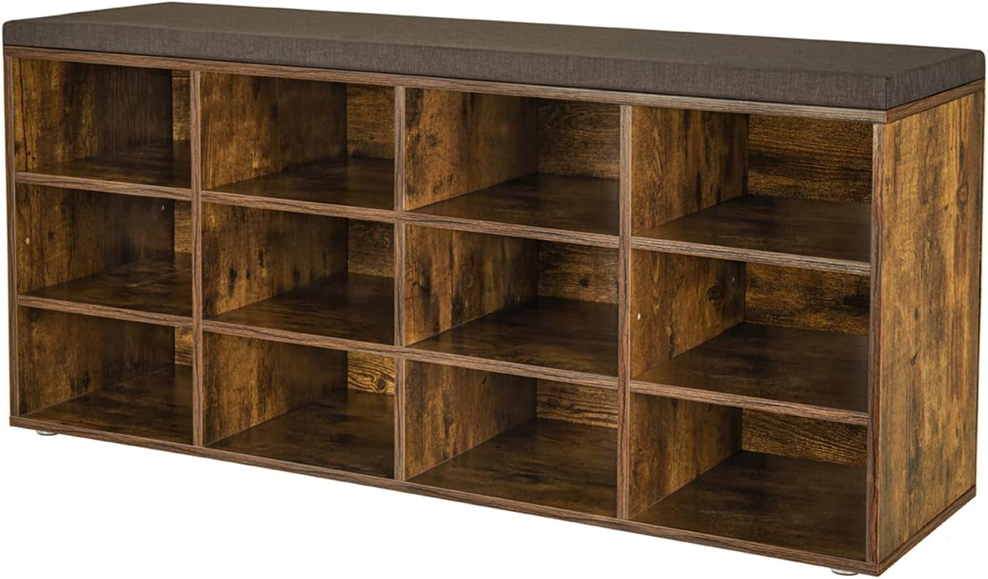 Shoe Storage Bench with Cushion, Cubby Shoe Rack with 12 Cubbies ...