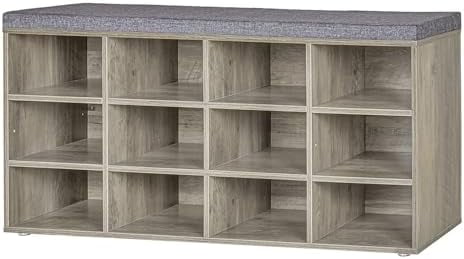 Shoe Storage Bench with Cushion, Cubby Shoe Rack with 12 Cubbies ...
