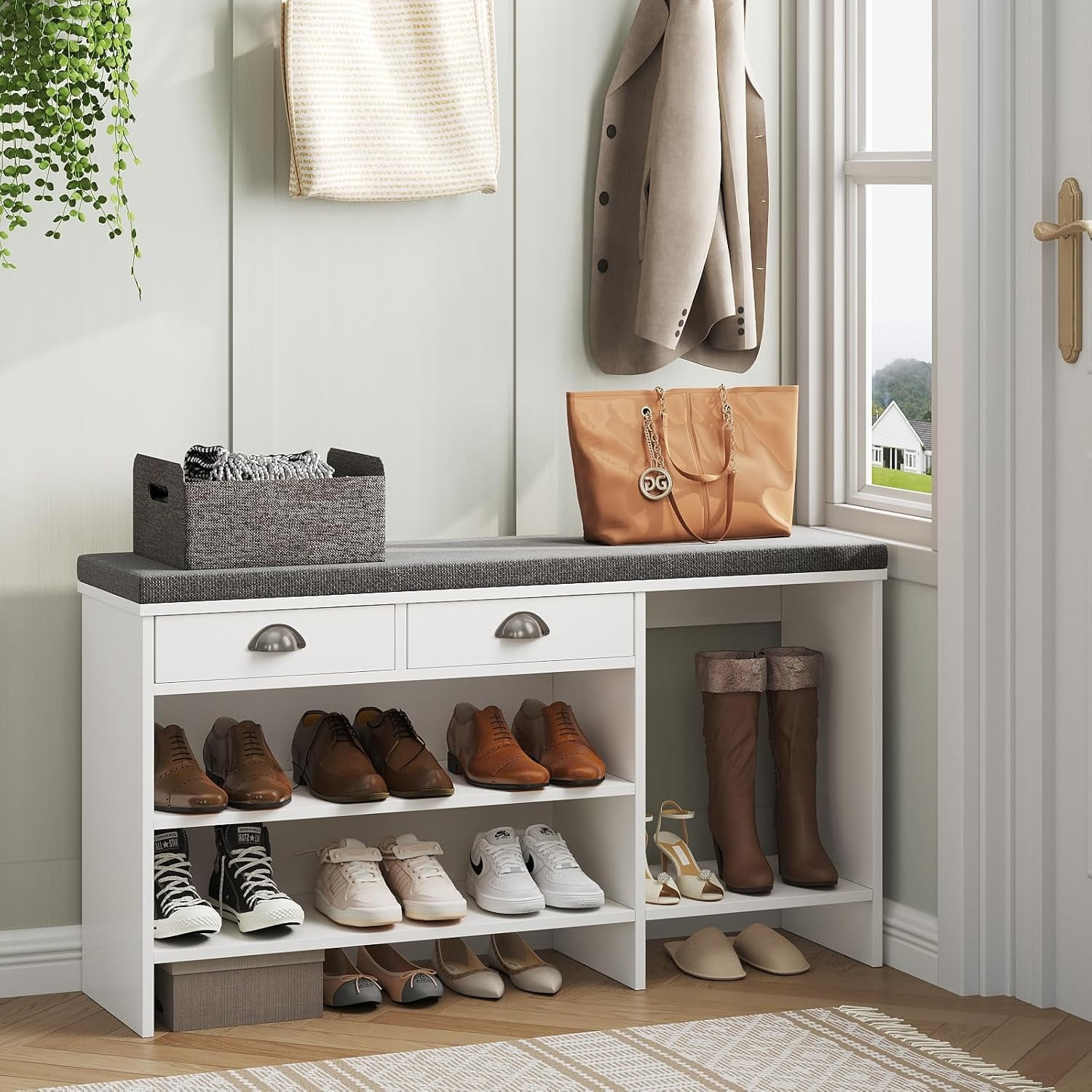 Shoe Storage Bench with Cushion, Shoe Bench with Padded Seat, Entryway ...
