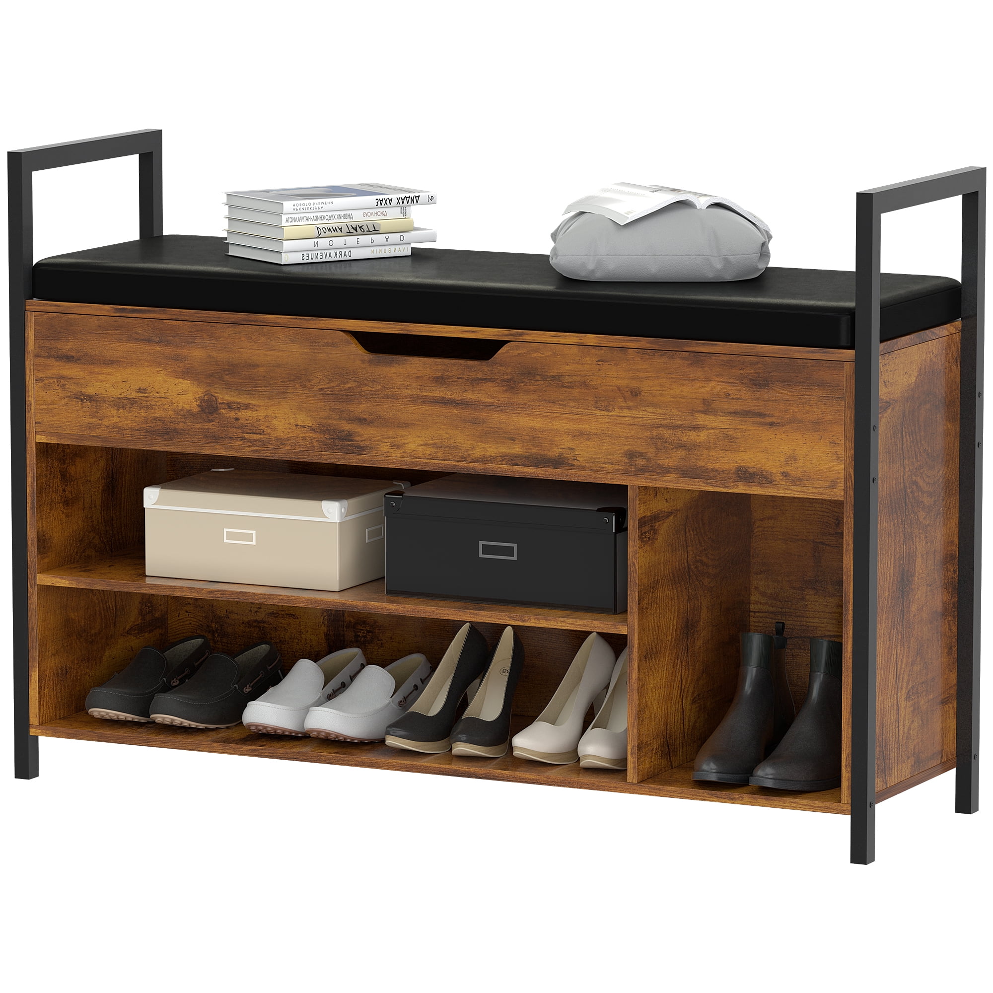 Shoe Storage Bench, Entryway Bench with Lift Top Storage Box, Metal and ...