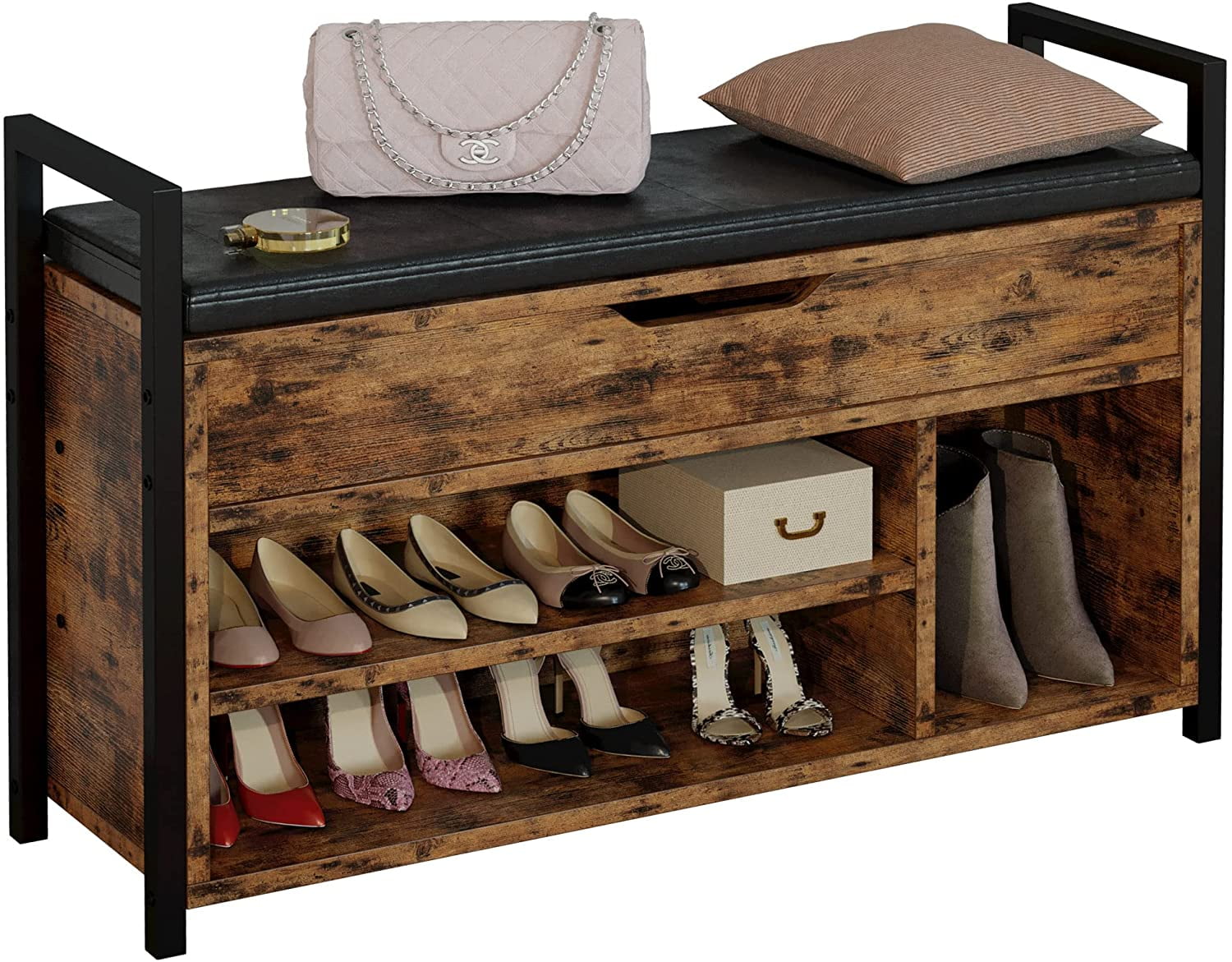 Shoe Storage Bench, Entryway Bench with Lift Top Storage Box, Metal and ...