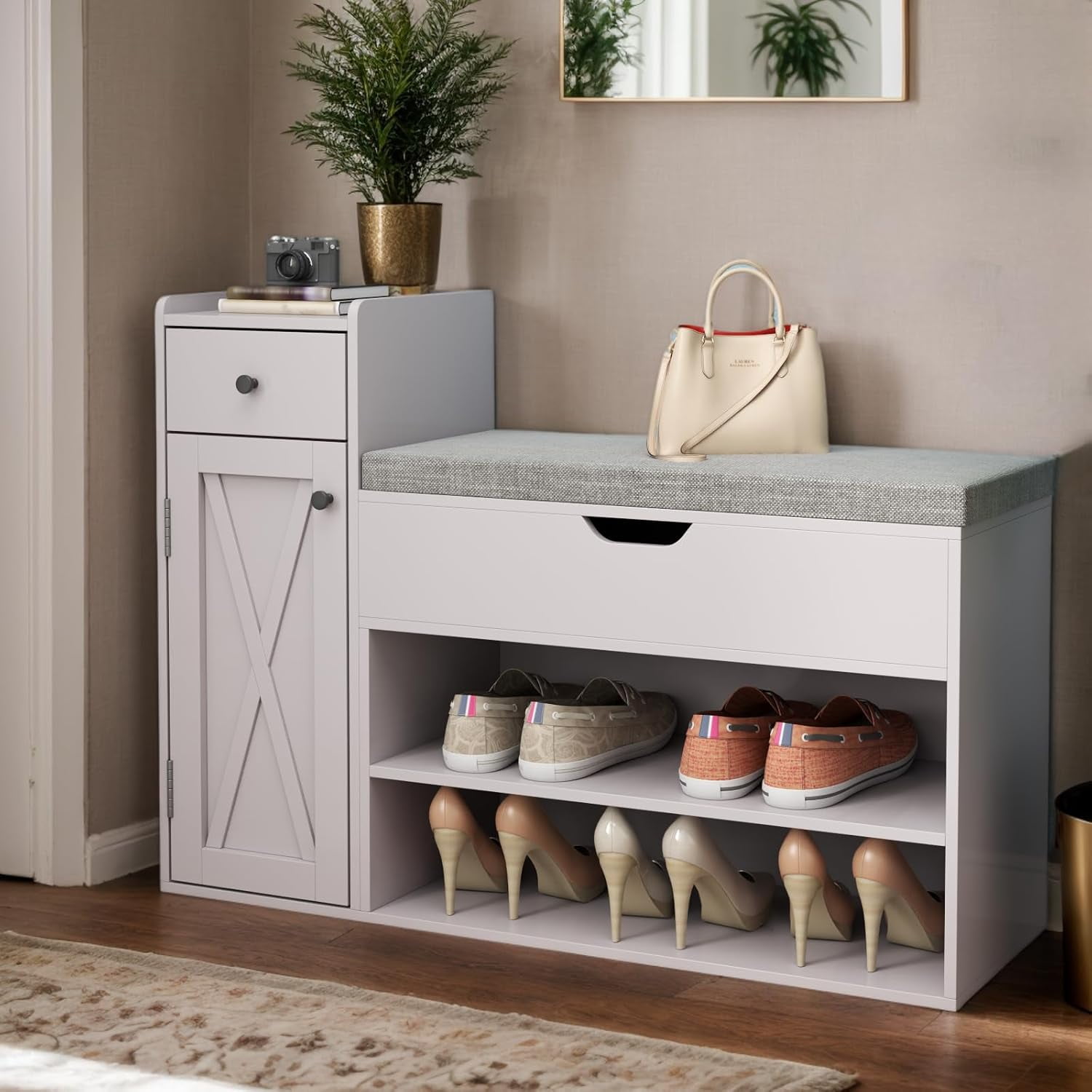 Shoe Storage Bench Farmhouse Entryway Bench with Drawer 2-Tier Shoe ...