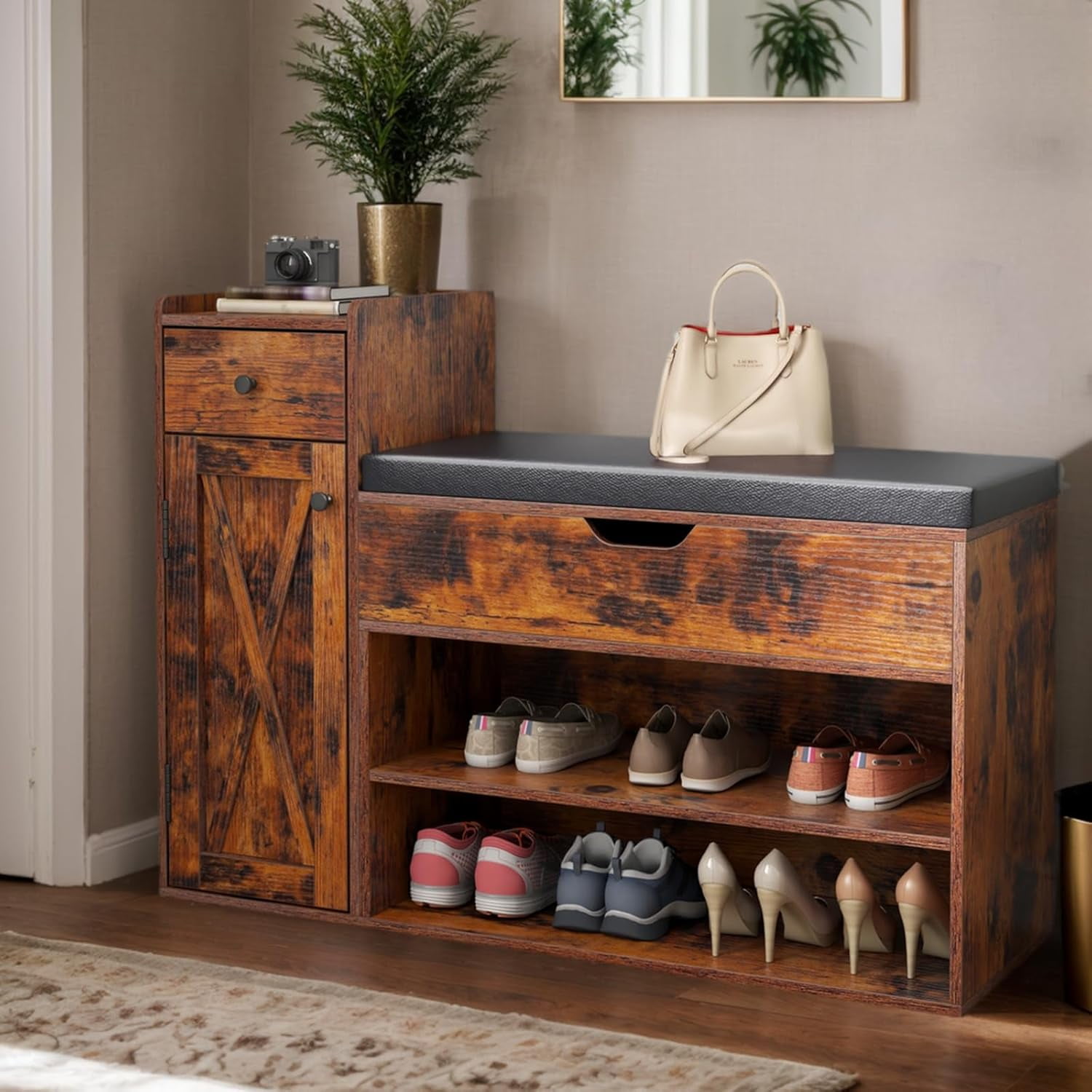 Shoe Storage Bench Farmhouse Entryway Bench with Drawer 2-Tier Shoe ...