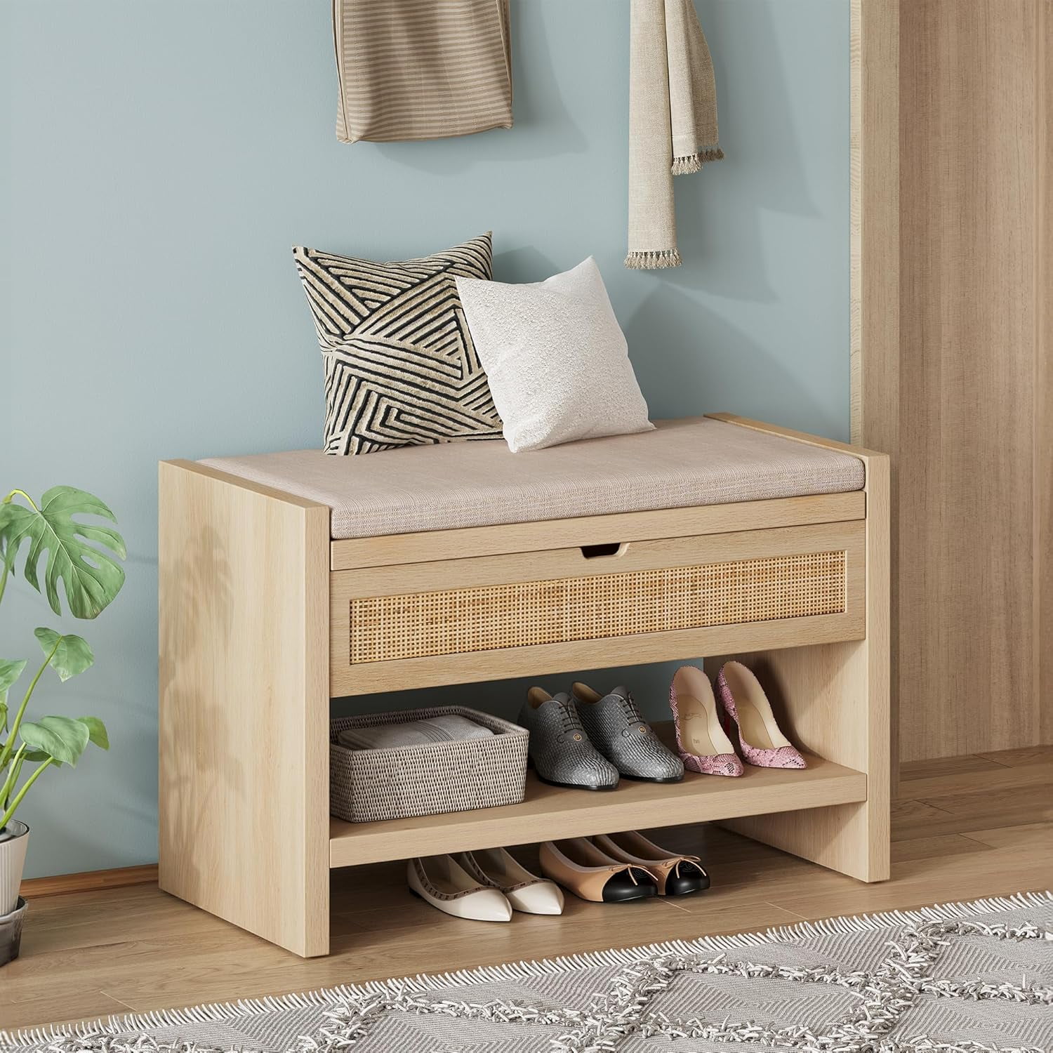Shoe Storage Bench with Lift Top Storage Boho Shoe Bench with Shelf and ...