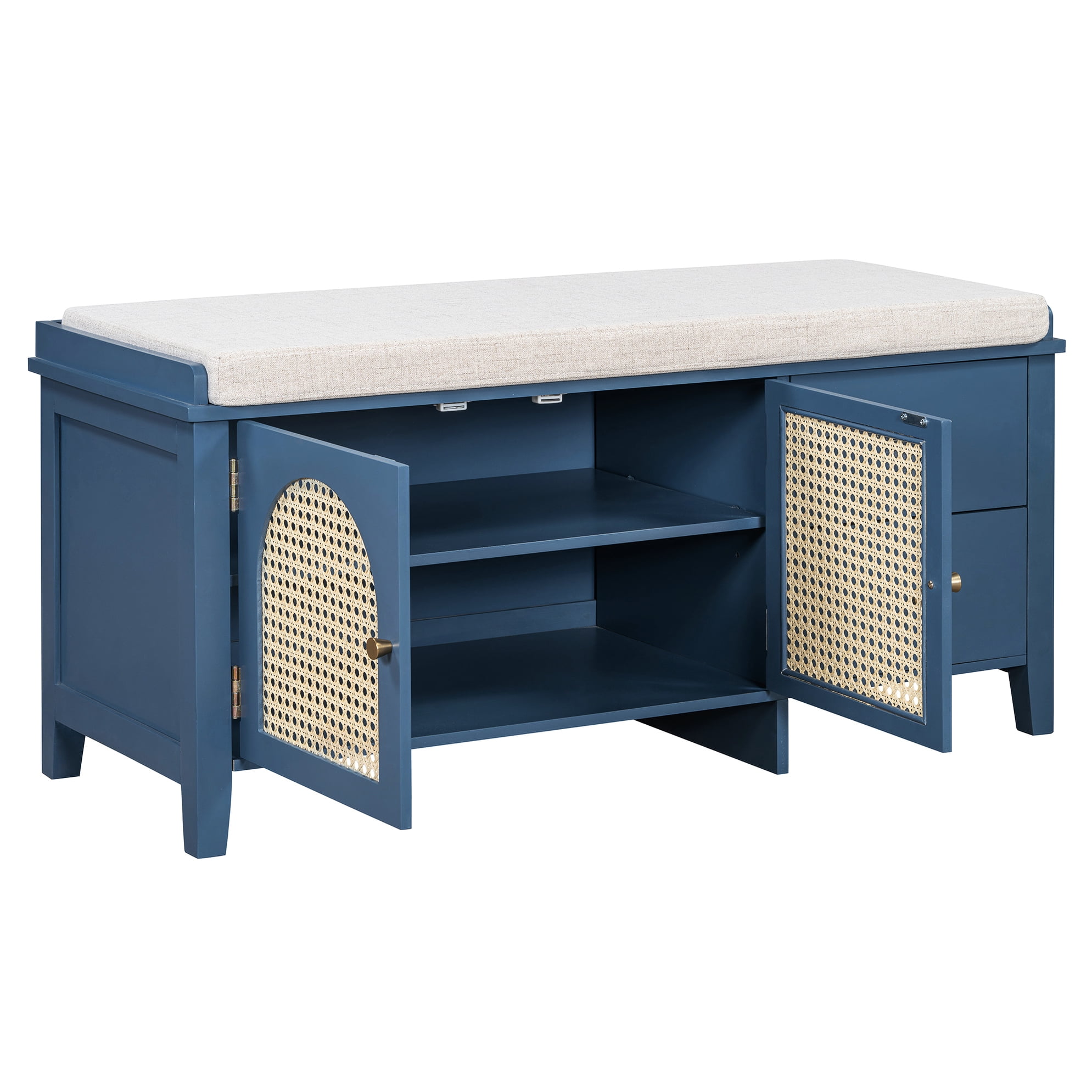 Shoe Storage Bench, Navy. Vintage Flair With Arched & Gold- Handles ...