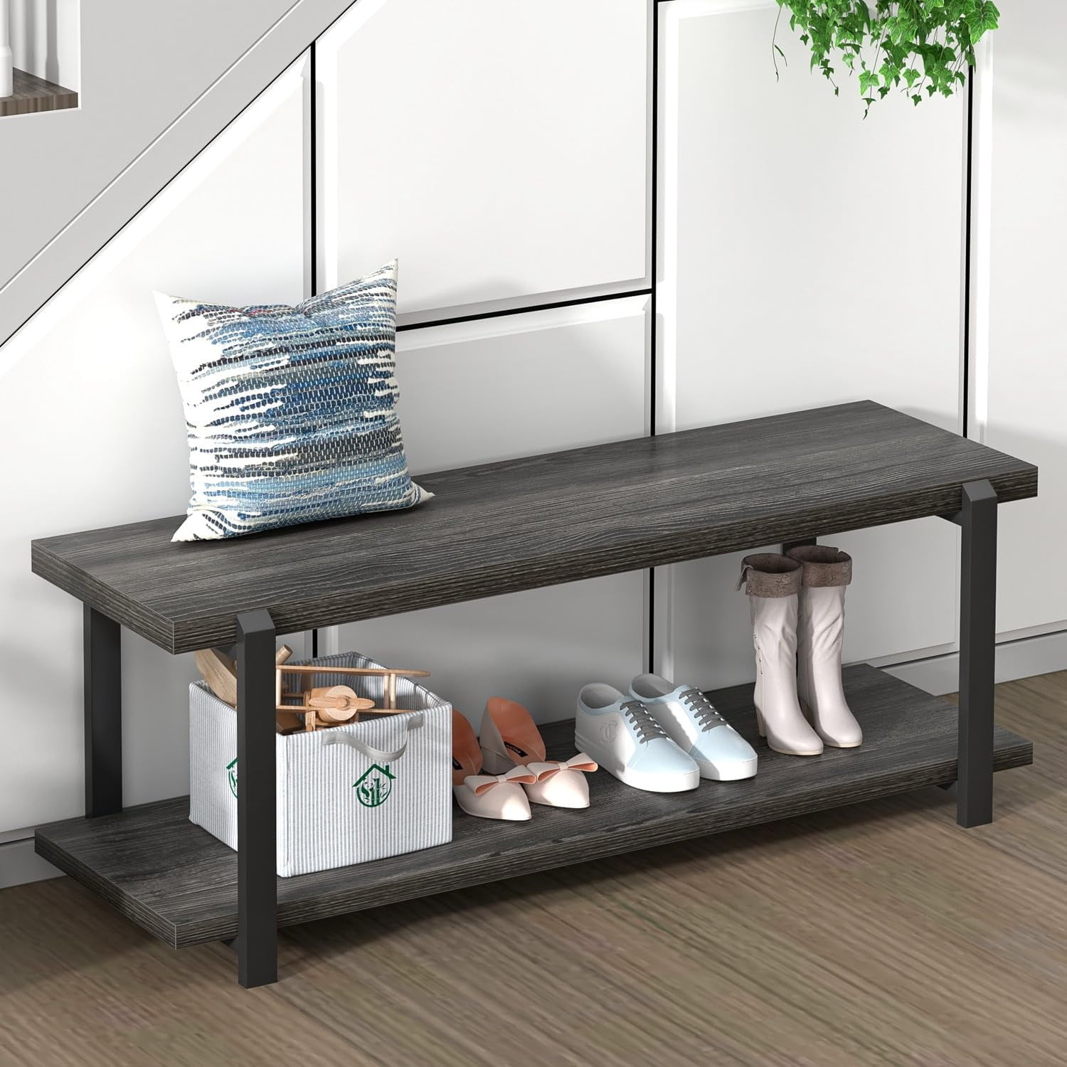 Shoe Storage Bench, Rustic Wood and Metal Entryway Bench for Hallway ...