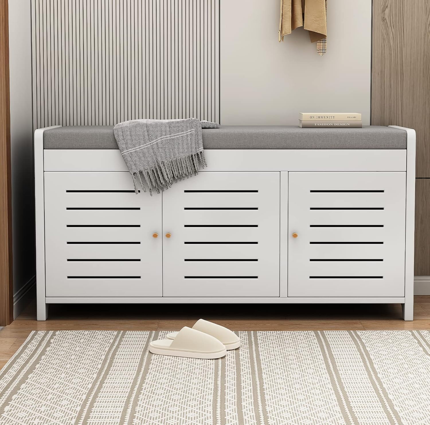 Shoe Storage Bench Shoe Rack Bench with Three Door & Padded Seat for ...