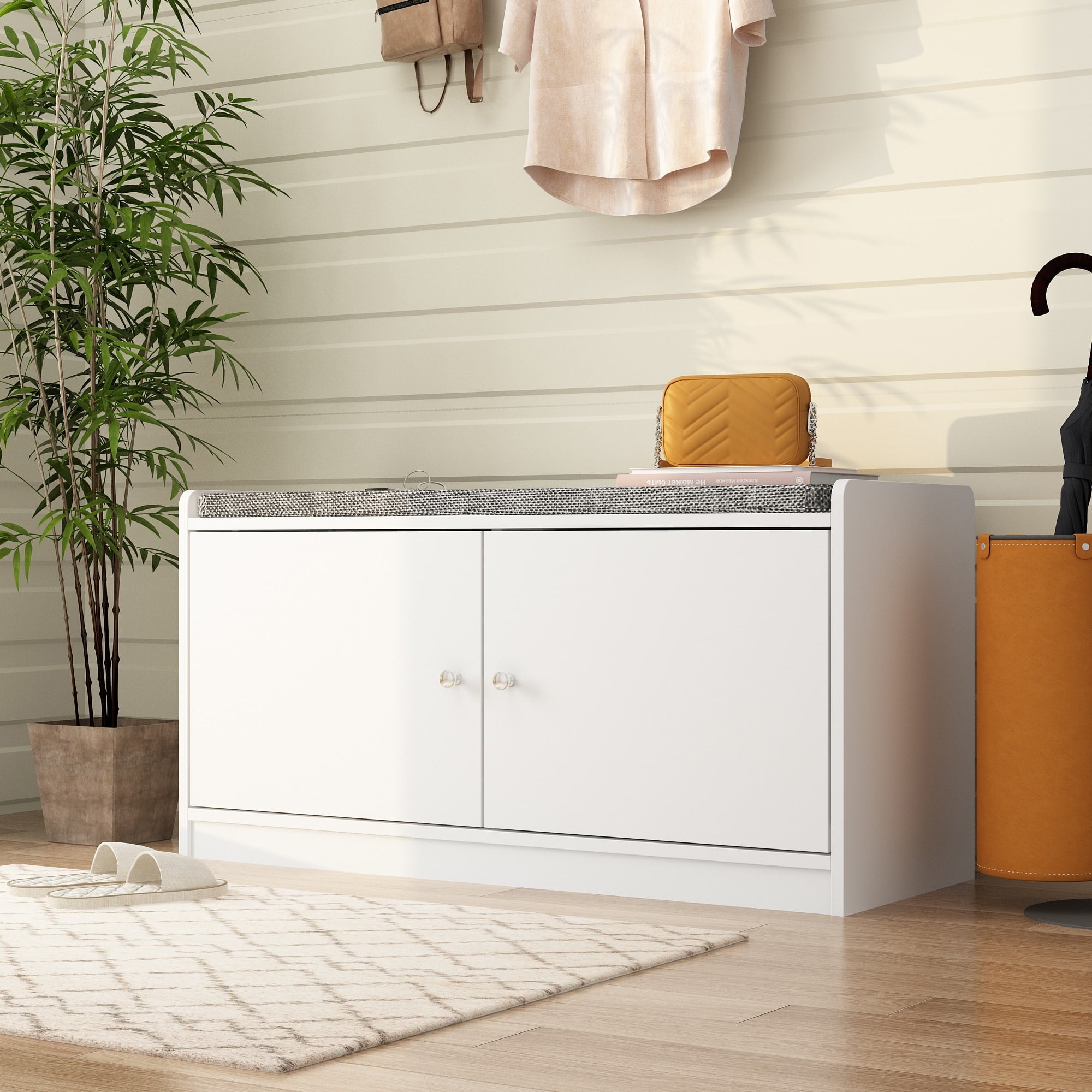 Shoe Storage Bench Storage Entryway Bench Door Cabinet Cushioned White ...