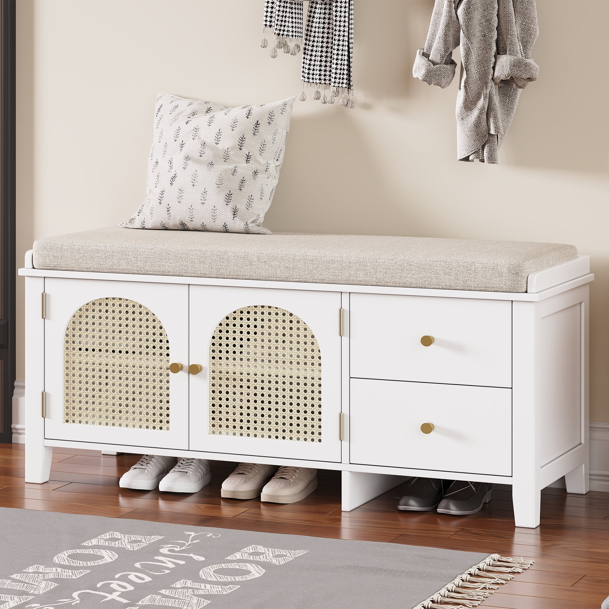 Shoe Storage Bench, Vintage Shoe Bench with Storage and Cushion, Shoe ...