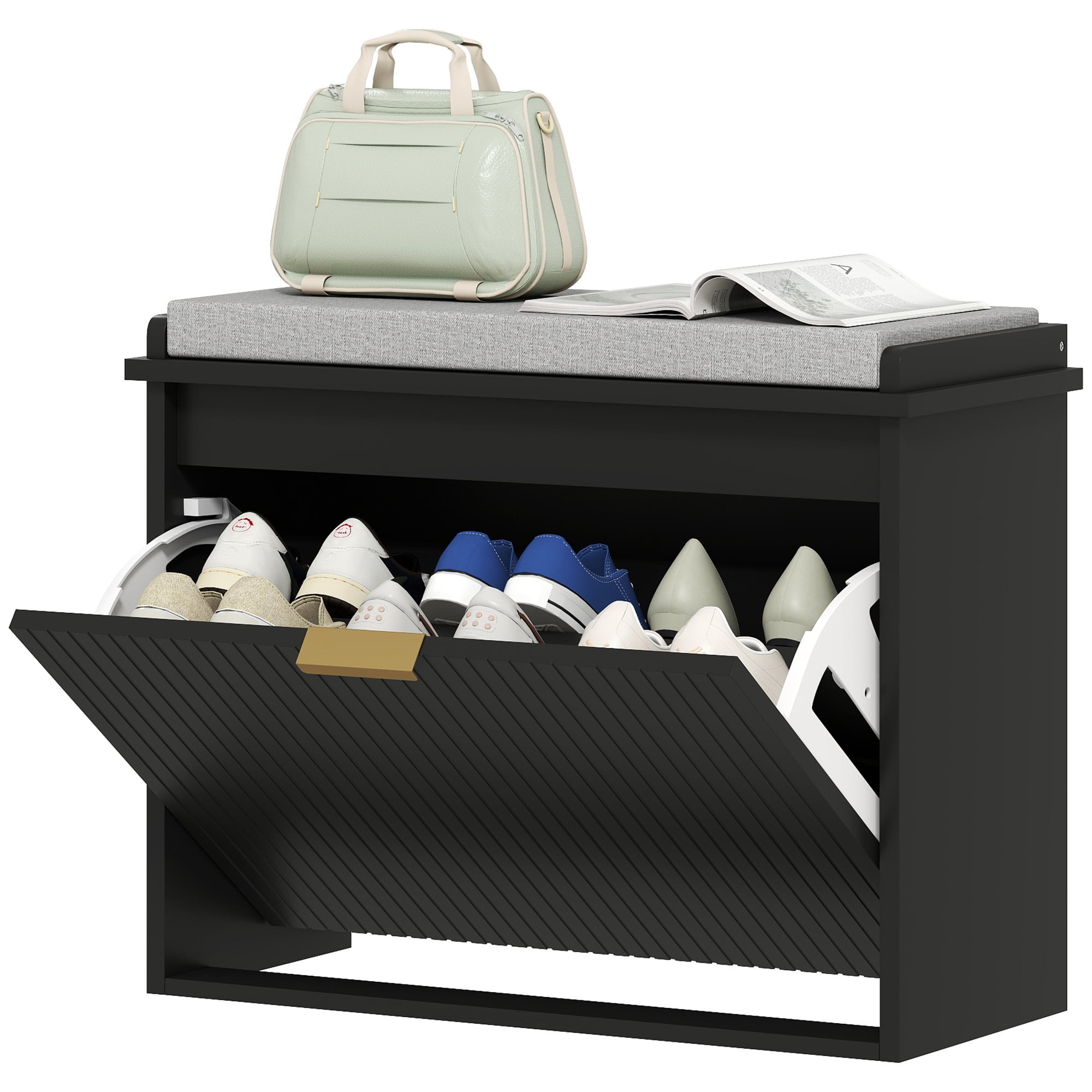 Shoe Storage Bench With Padded Seat Cushion And Flip-Drawer, Entryway ...