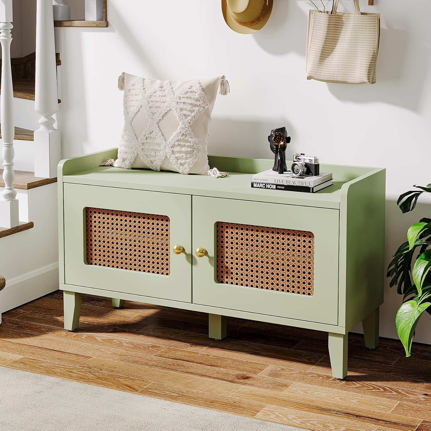 Shoe Storage Bench with 2 Doors, 39-Inch Entryway Bench with Seat, 2 ...