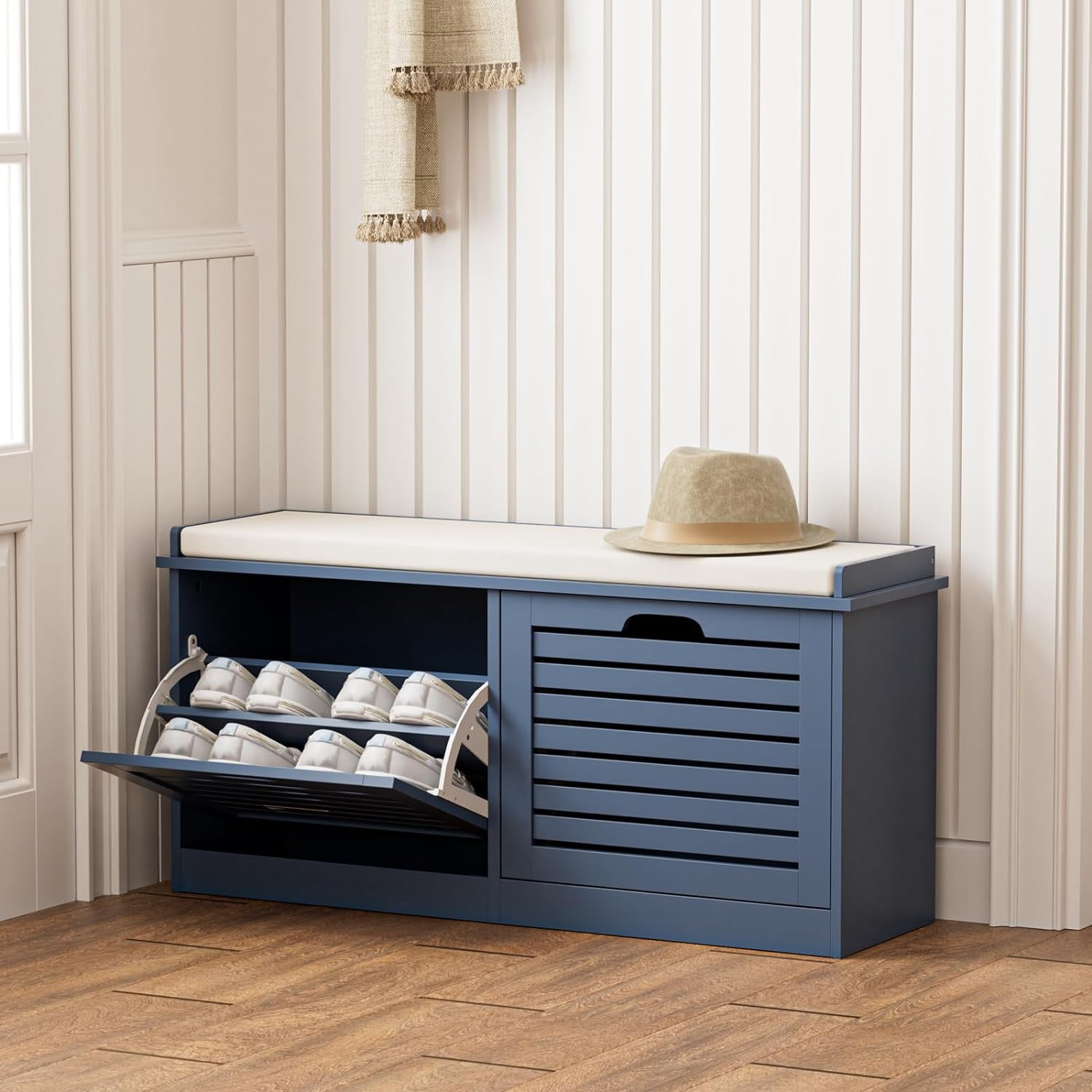 Shoe Storage Bench with 2 Flip Drawer & Seat Cushion, Entryway Bench ...