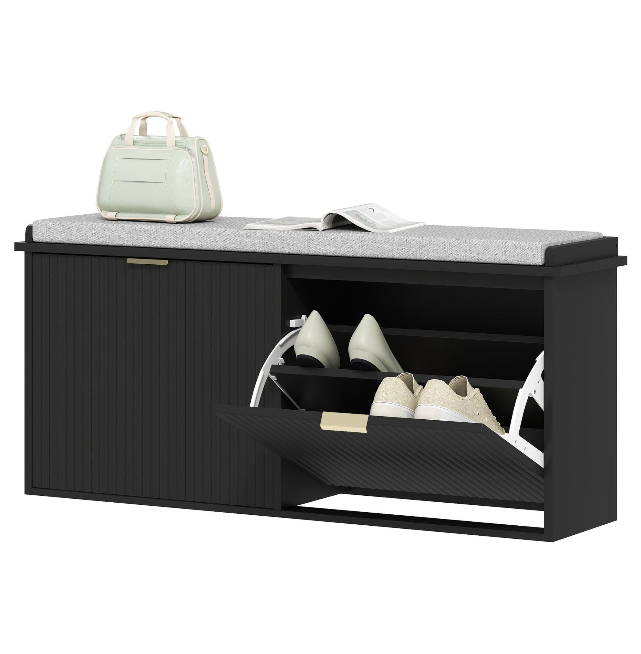 Shoe Storage Bench with Cushion, Entryway Bench Cabinet - 40.9" Black ...