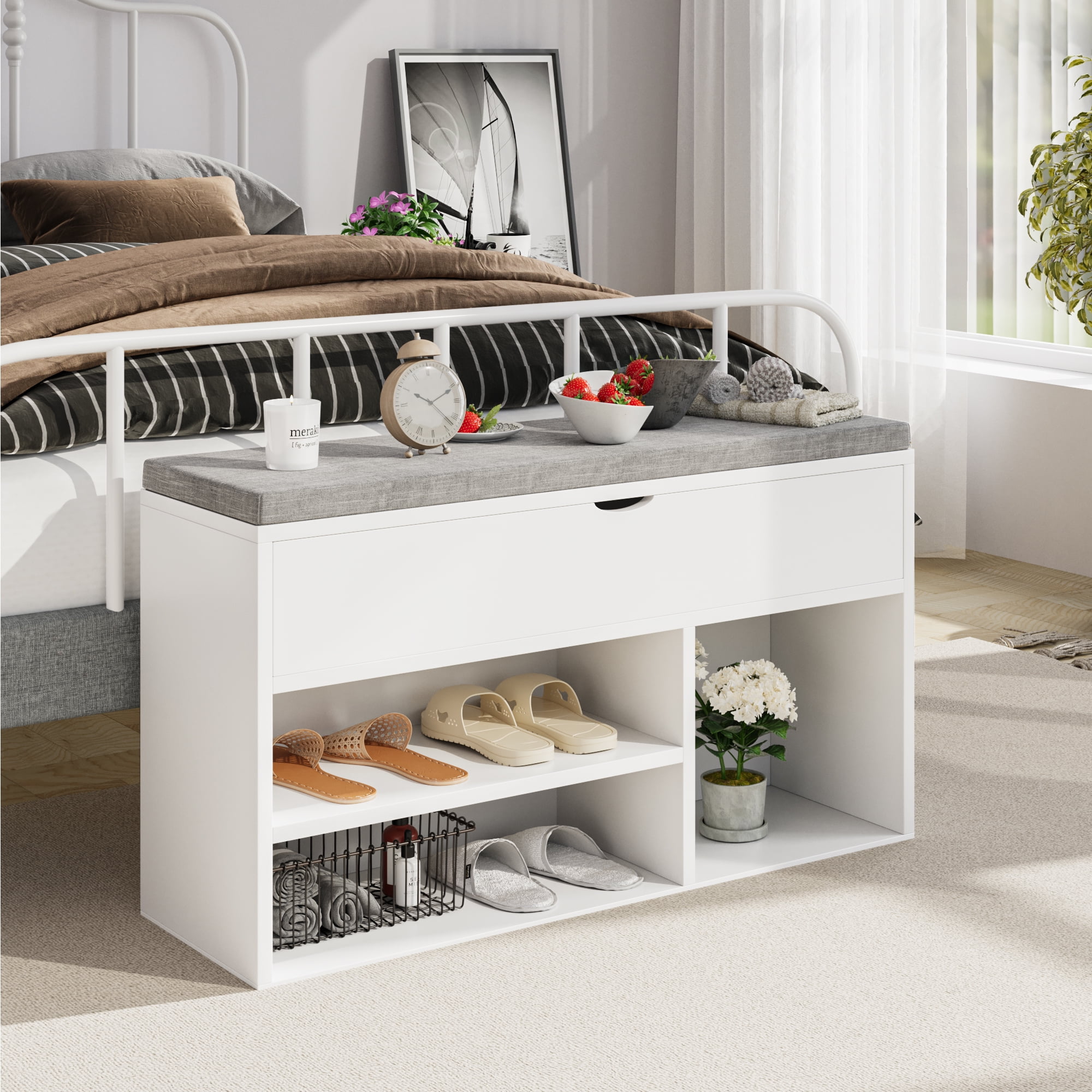 Shoe Storage Bench with Cushion, Entryway Bench with Lift-Top Storage ...