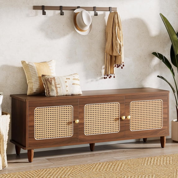 Shoe Storage Bench with Rattan Doors, Shoe Cabinet with Lift Top ...