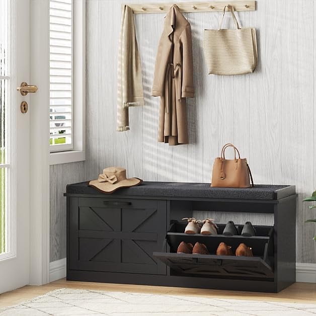 Shoe Storage Benches with 2 Flip Drawers, Modern Design Shoe Bench with ...