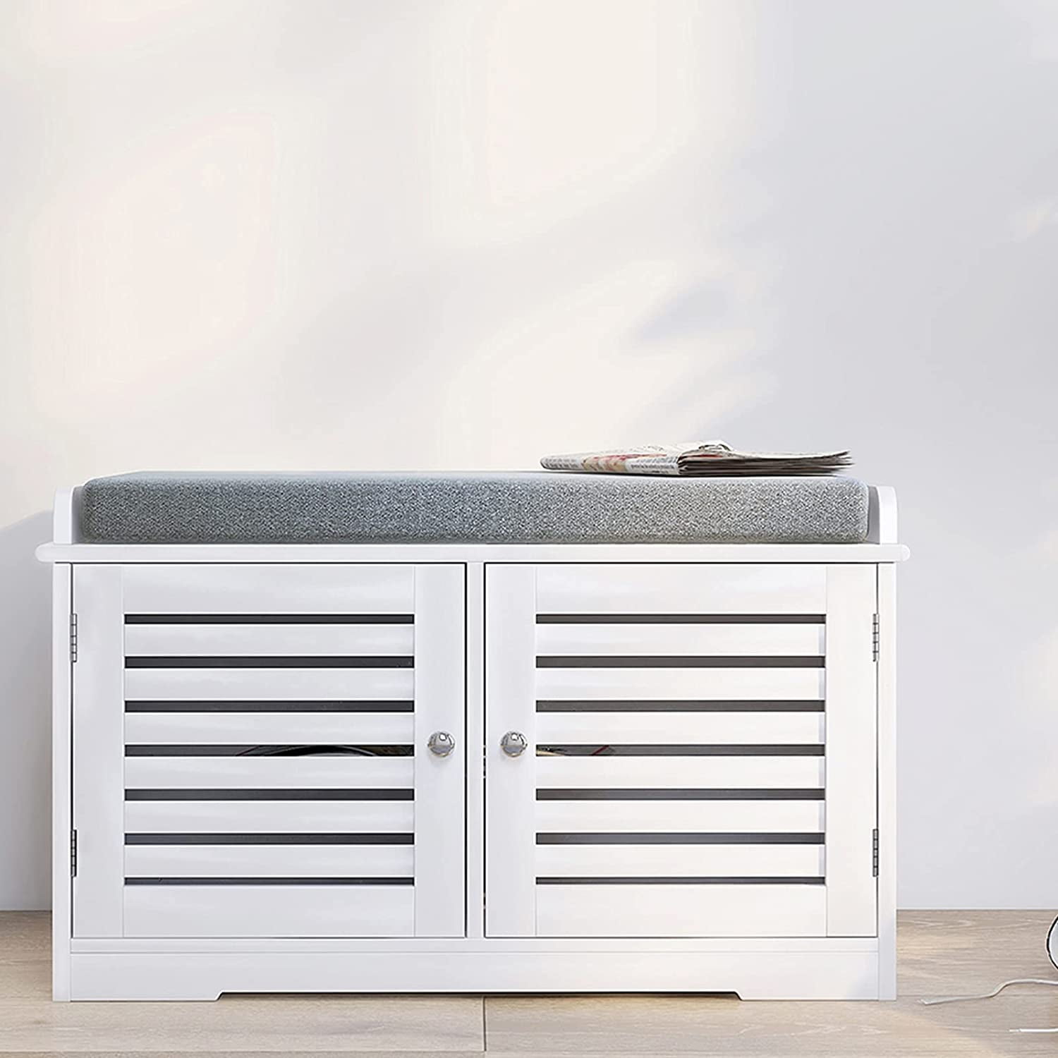 Shoe Storage Benches White Shoe Rack Bench with 2 Doors & Padded Seat ...
