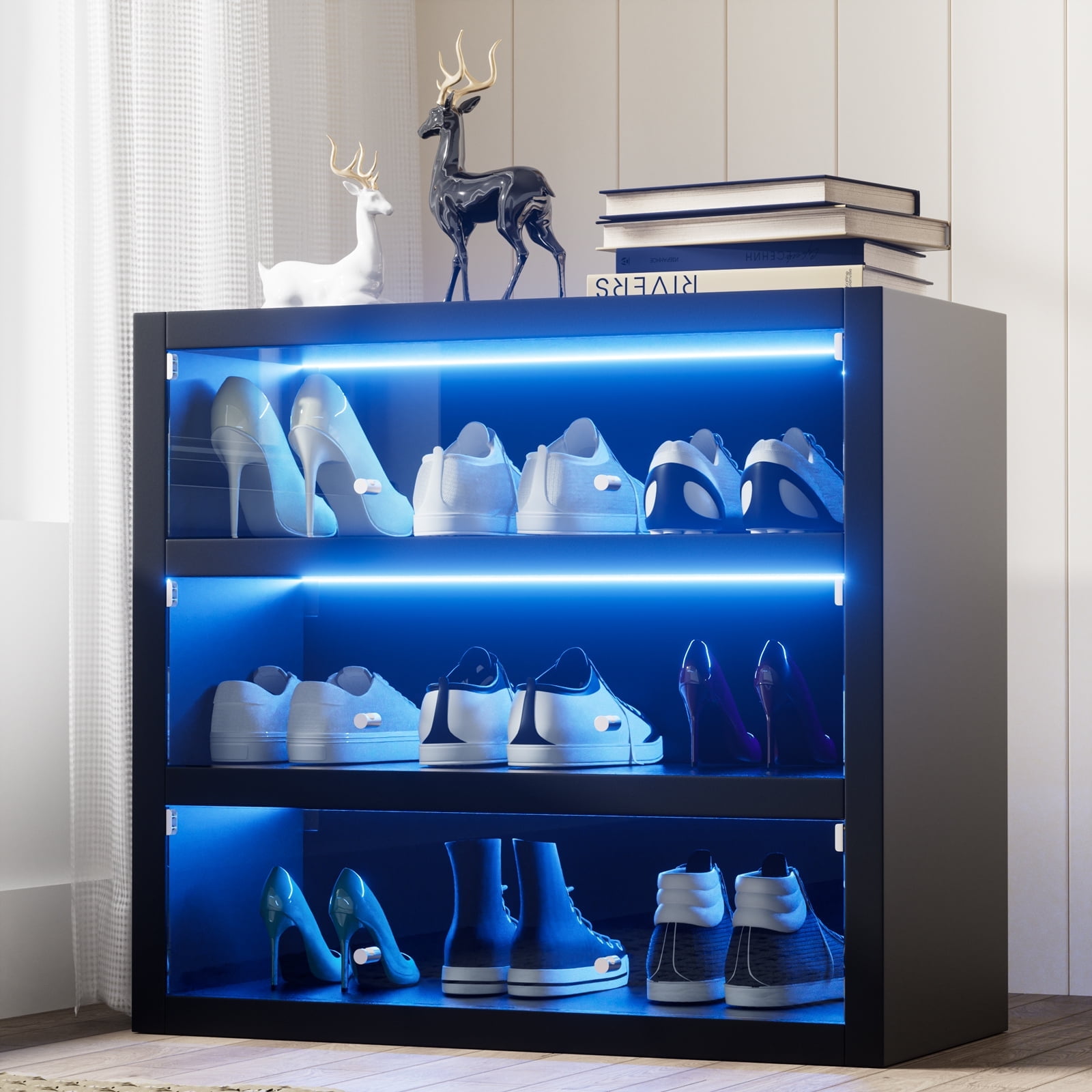 Shoe Storage Box - 3-Tier Wooden Shoe Storage Box with Flip Glass Door ...
