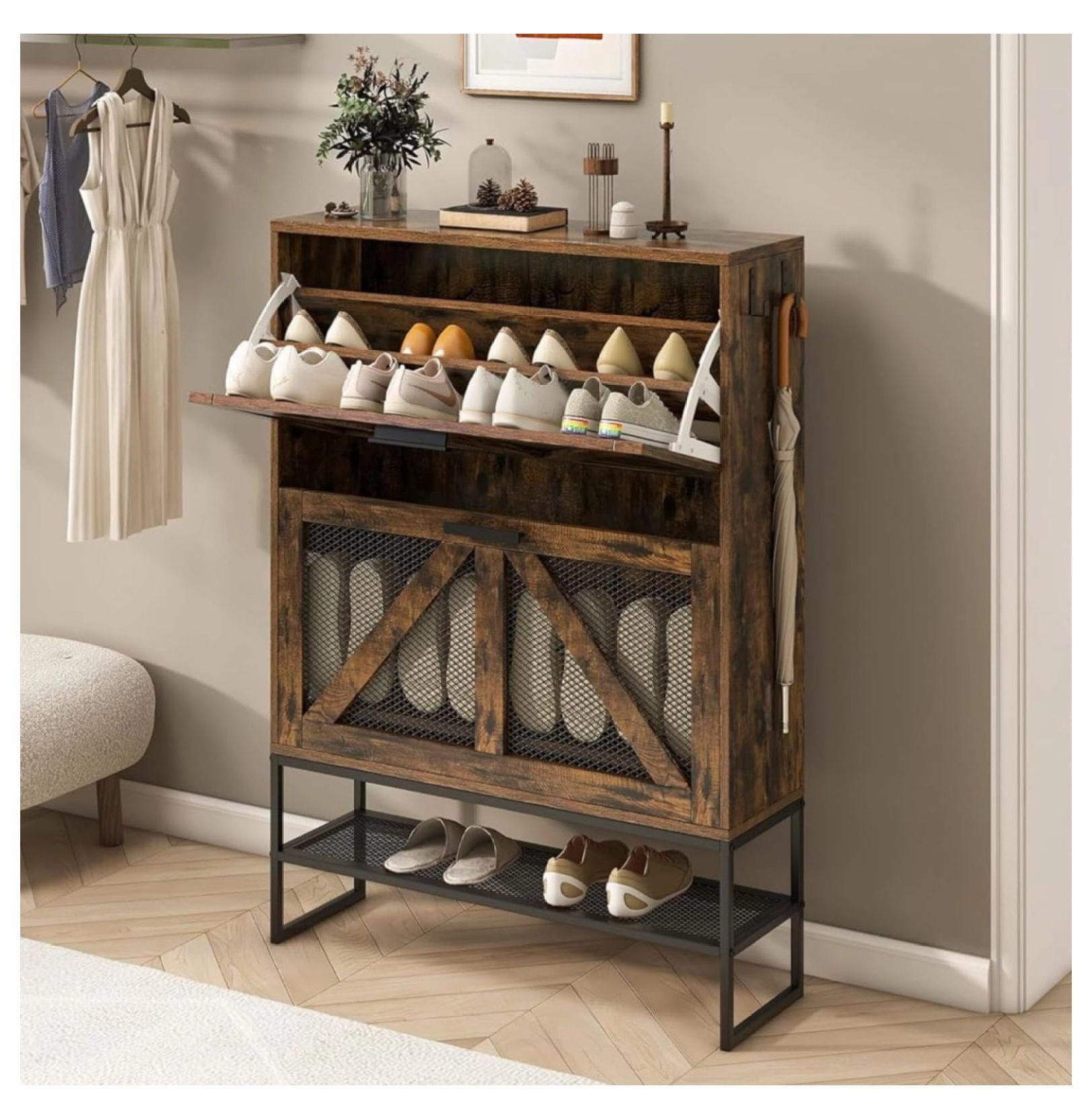 Shoe Storage Cabinet with 2 Drawers, Farmhouse Shoe Organizer for ...