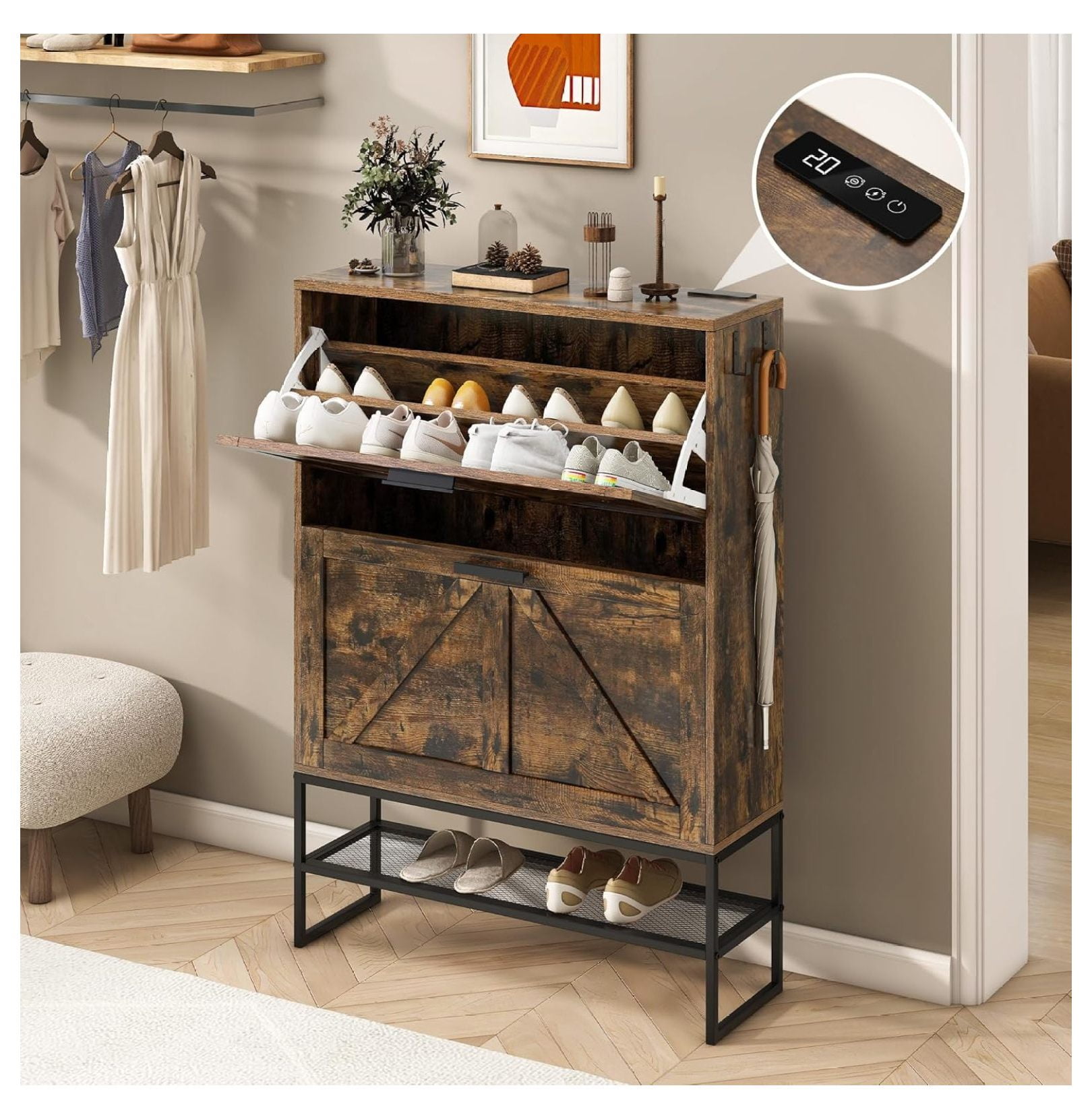 Shoe Storage Cabinet with 2 Drawers and Feodorizing Function, Farmhouse ...