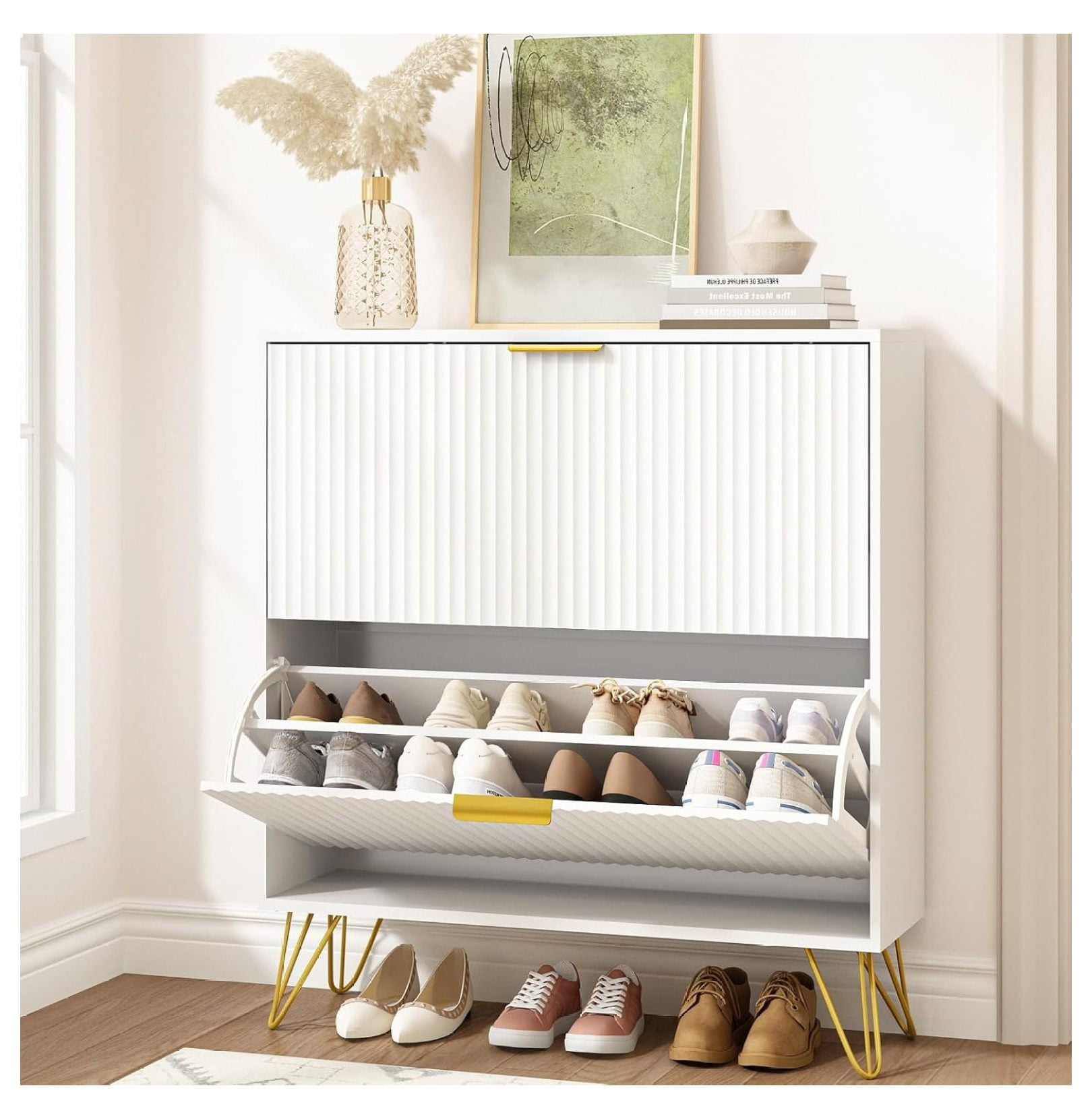 Shoe Storage Cabinet with 2 Drawers, Fluted White Shoe Cabinet Storage ...