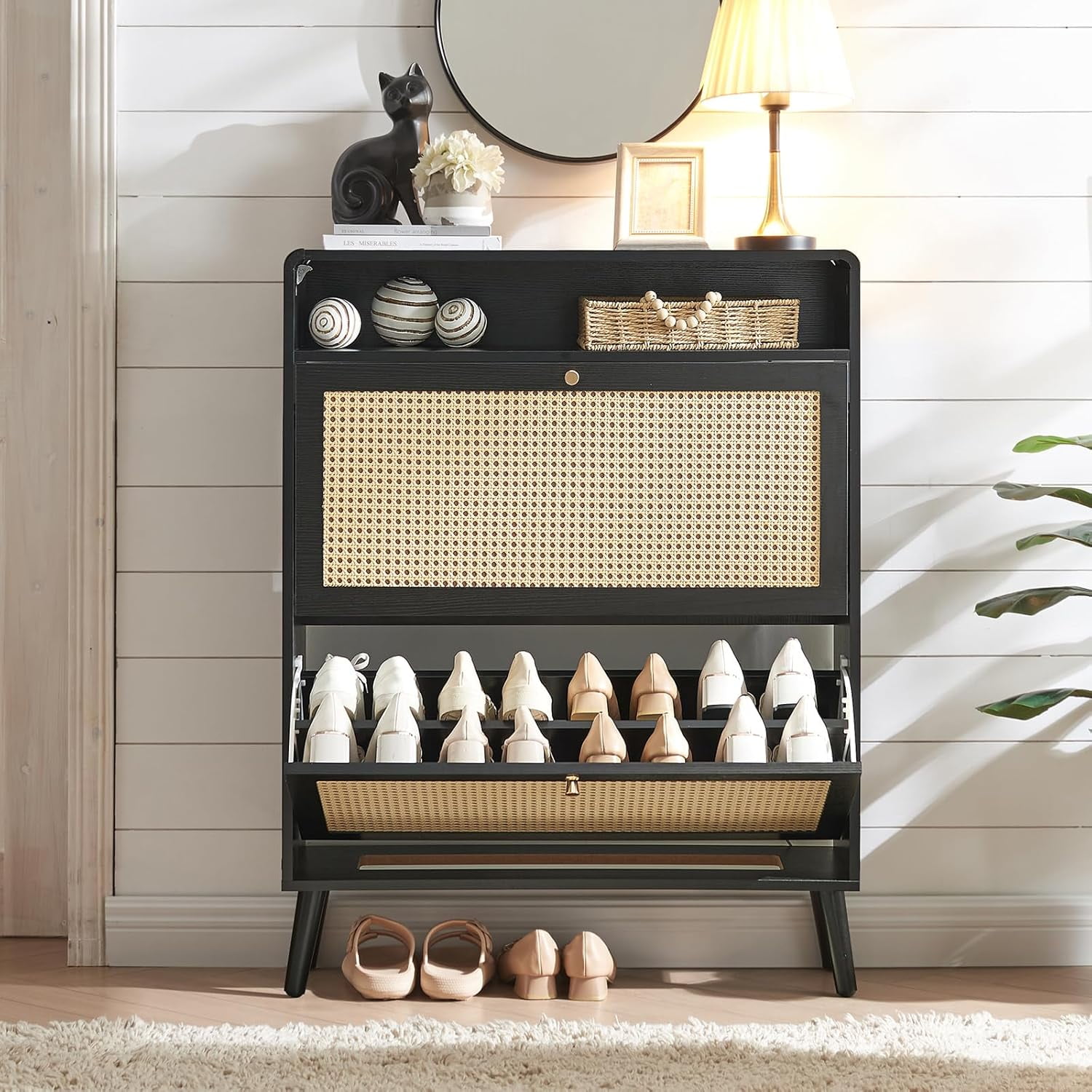 Shoe Storage Cabinet with 2 Flip Drawer Natural Rattan Shoe Cabinet ...